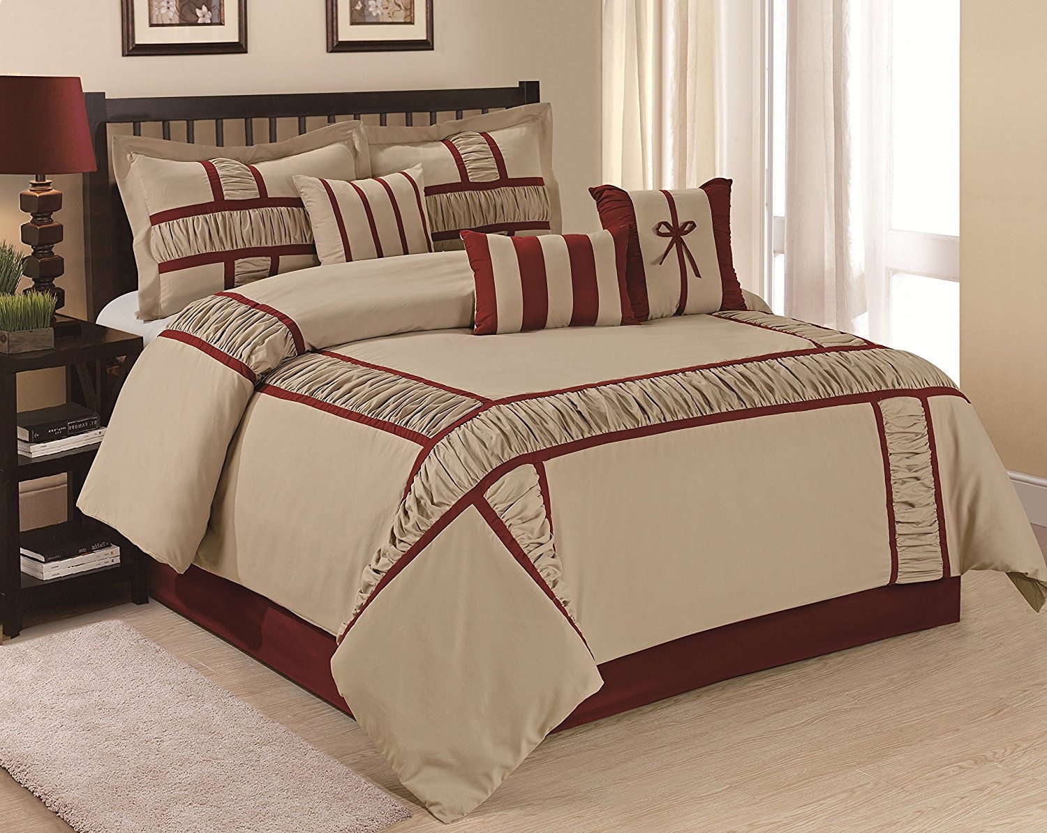 Marma 7 Piece King Size Comforter Set Ruffle And Patchwork Wrinkle