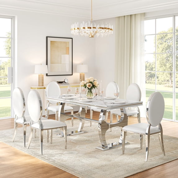 7-Piece Marble Dining Table Set, Faux Marble Table with Stainless Steel ...