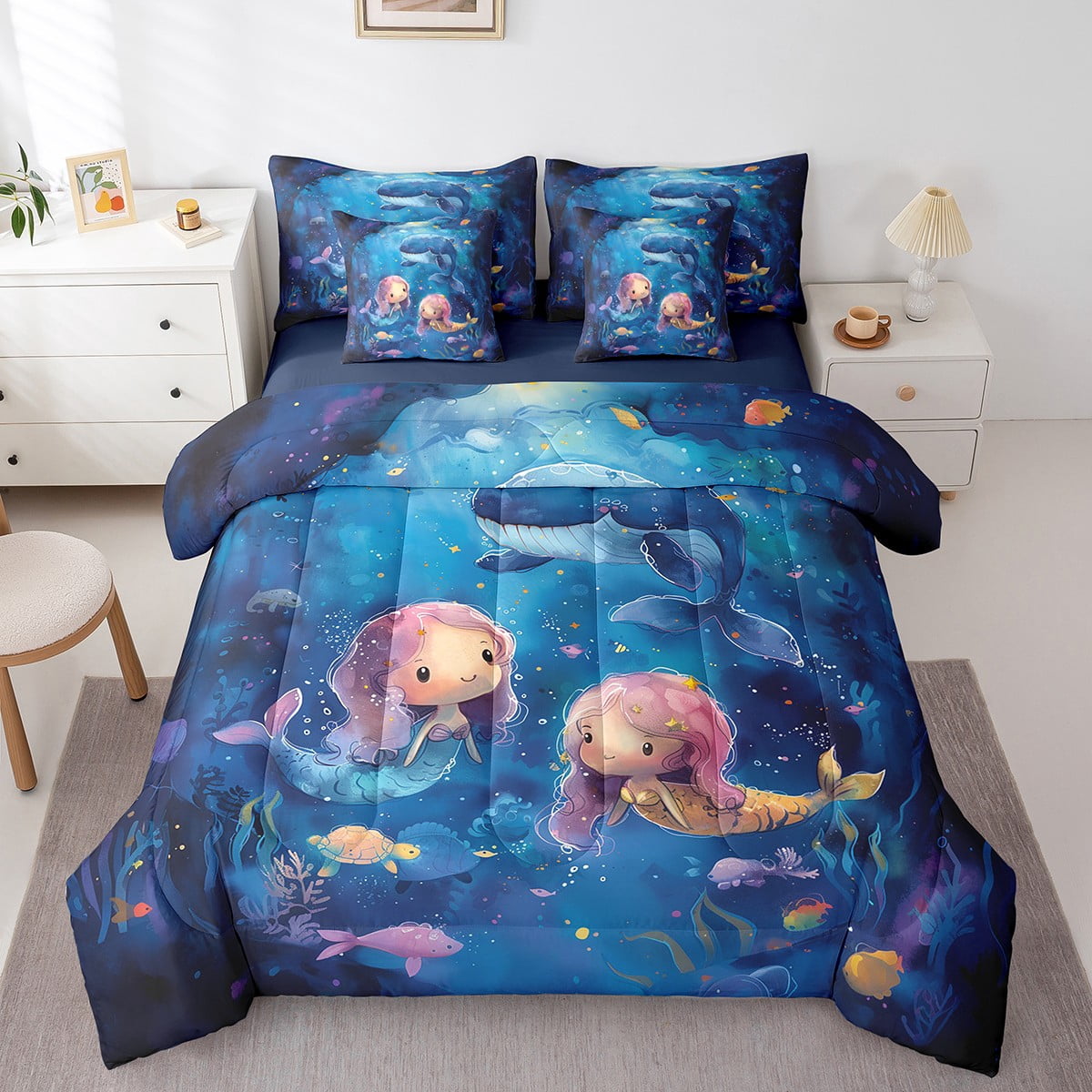 7 Piece Mermaid Bed in a Bag Queen Size Cute Cartoon Mermaid Bedding ...