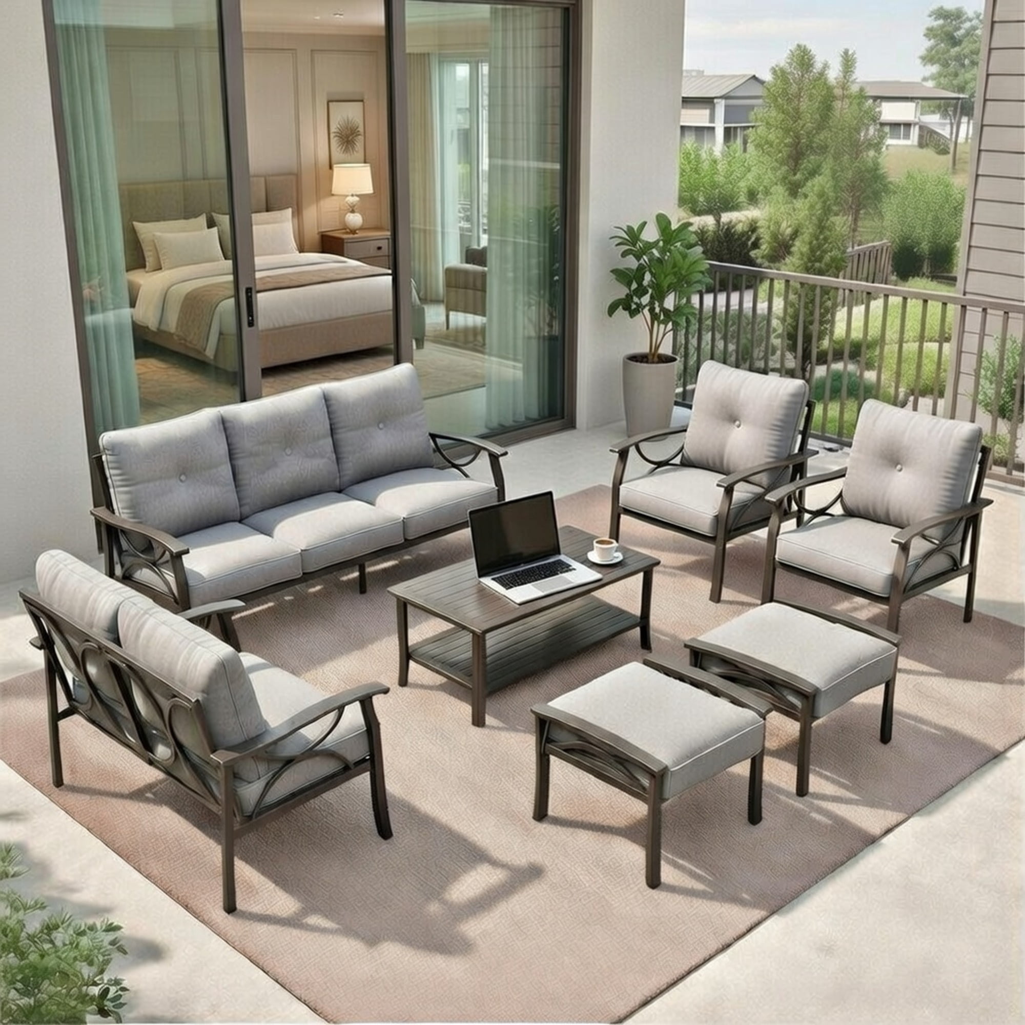 7-Piece Metal Patio Furniture Set, 9-Seat All-Weather Conversation Sofa ...