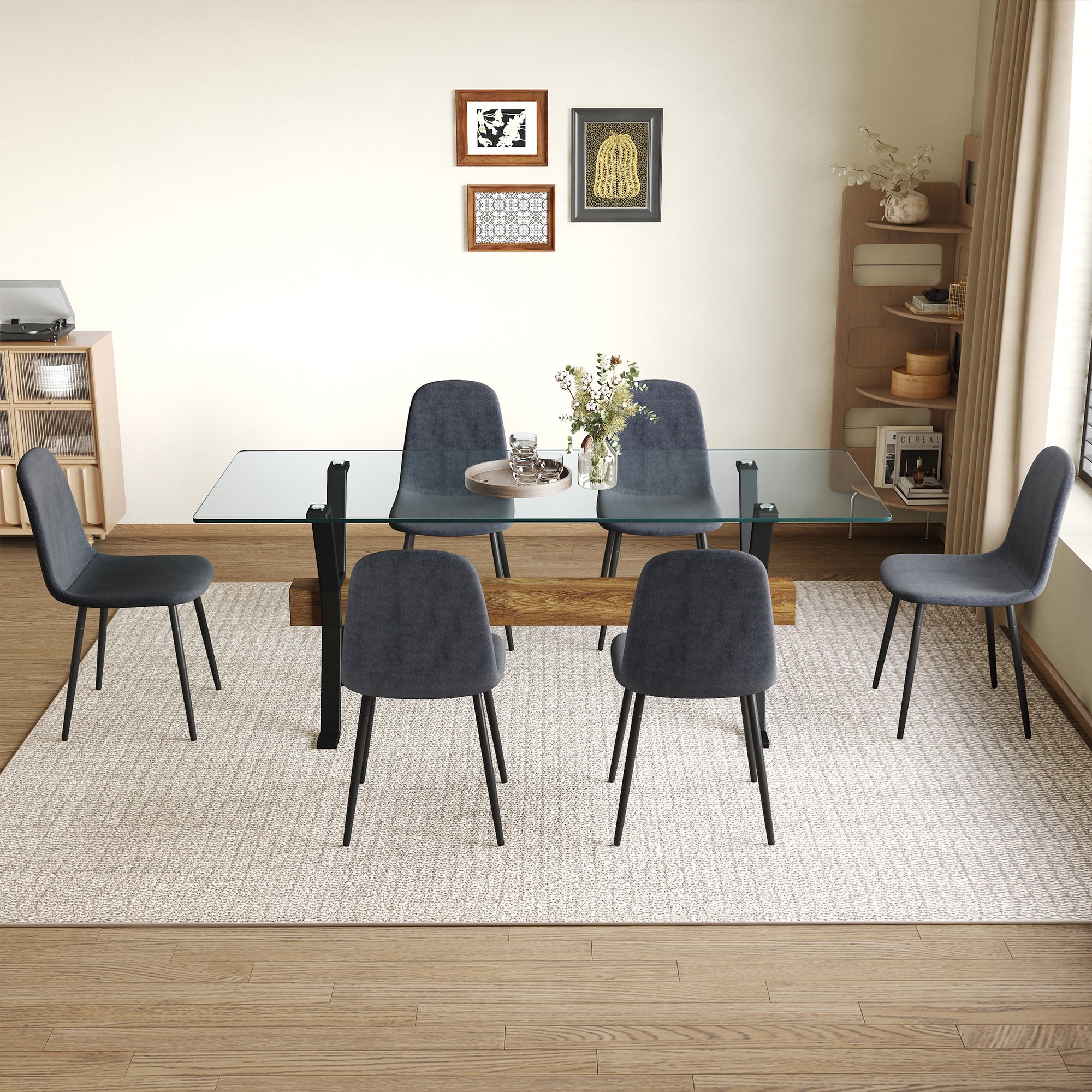 7-Piece Modern Dining Set - 79" Premium Glass Tabletop Table (X-Black ...