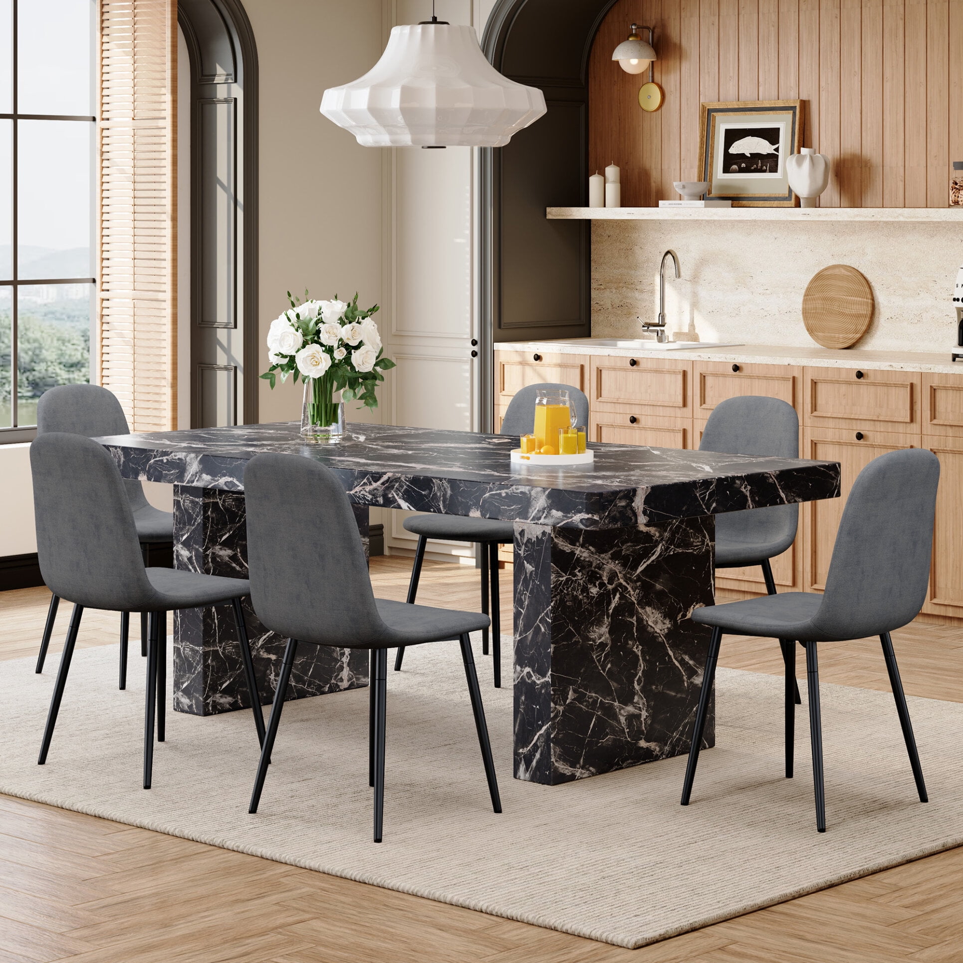 7 Piece Modern Dining Table Set, 79" Luxurious Marble Pattern Dining ...