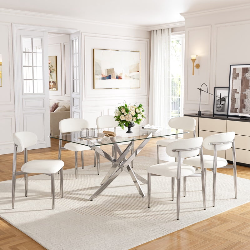 7-Piece Modern Glass Dining Table Set, 63" Rectangular Tempered Glass ...