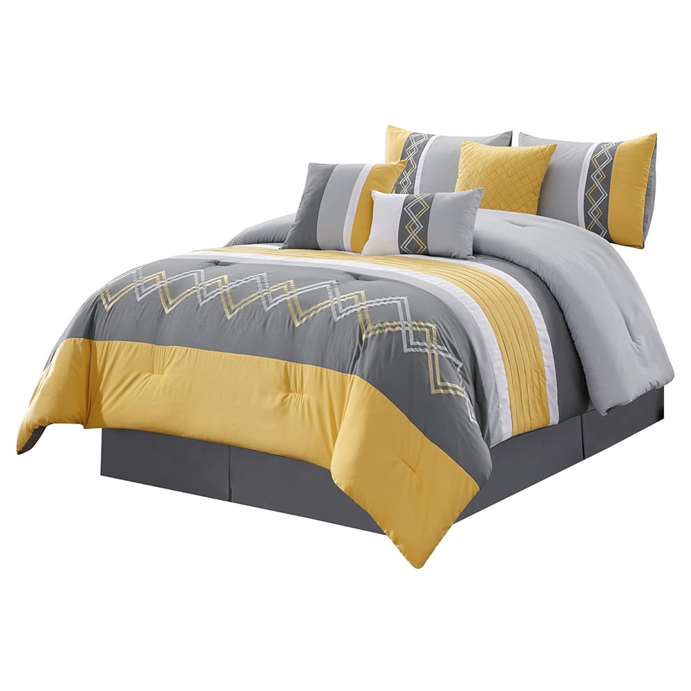 7-Piece Modern Pleated Stripe Embroidered Zigzag Bedding Comforter Set for Bedroom, Home, Queen ...