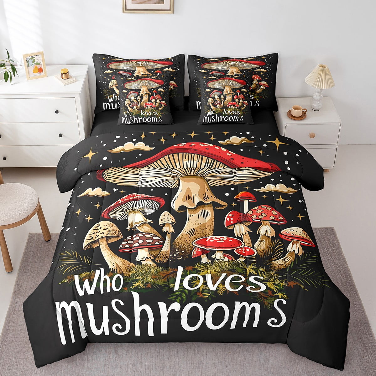 7 Piece Mushroom Bed in a Bag Twin Size Cute Mushroom Print Bedding ...