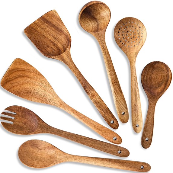 7-Piece Natural Teak Wooden Kitchen Utensils Set, Long Handle Wooden ...