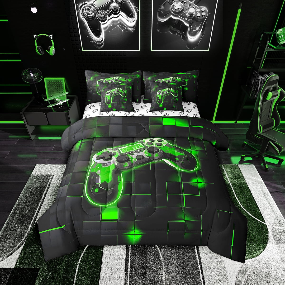 7 Piece Neon Gaming Full Bedding Set with Sheets,Green and Black Gamer ...