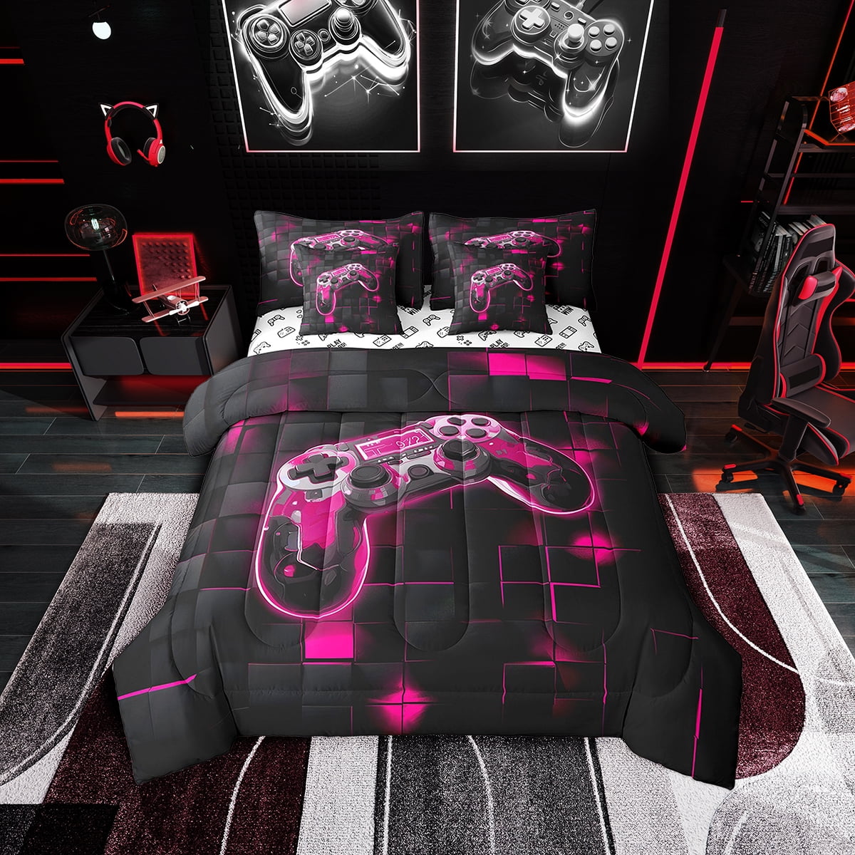 7 Piece Neon Gaming Twin Bedding Set with Sheets,Hot Pink and Black ...