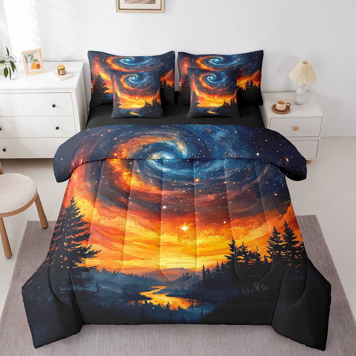 7 Piece Orange Blue Galaxy Queen Comforter Set with Sheets,Universe ...