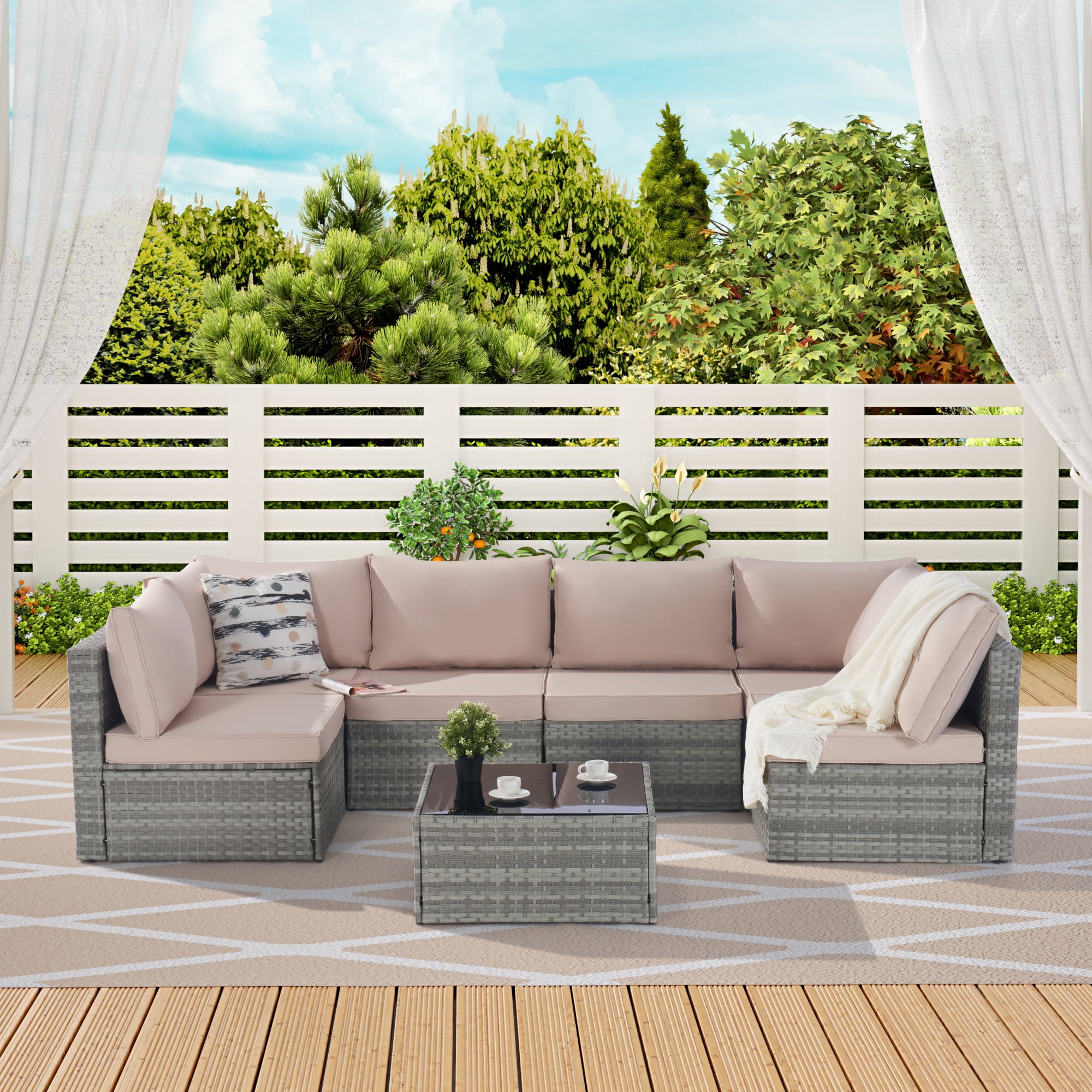 7 Piece Outdoor Deck Furniture Sets with 6 Rattan Wicker Chairs, Coffee ...