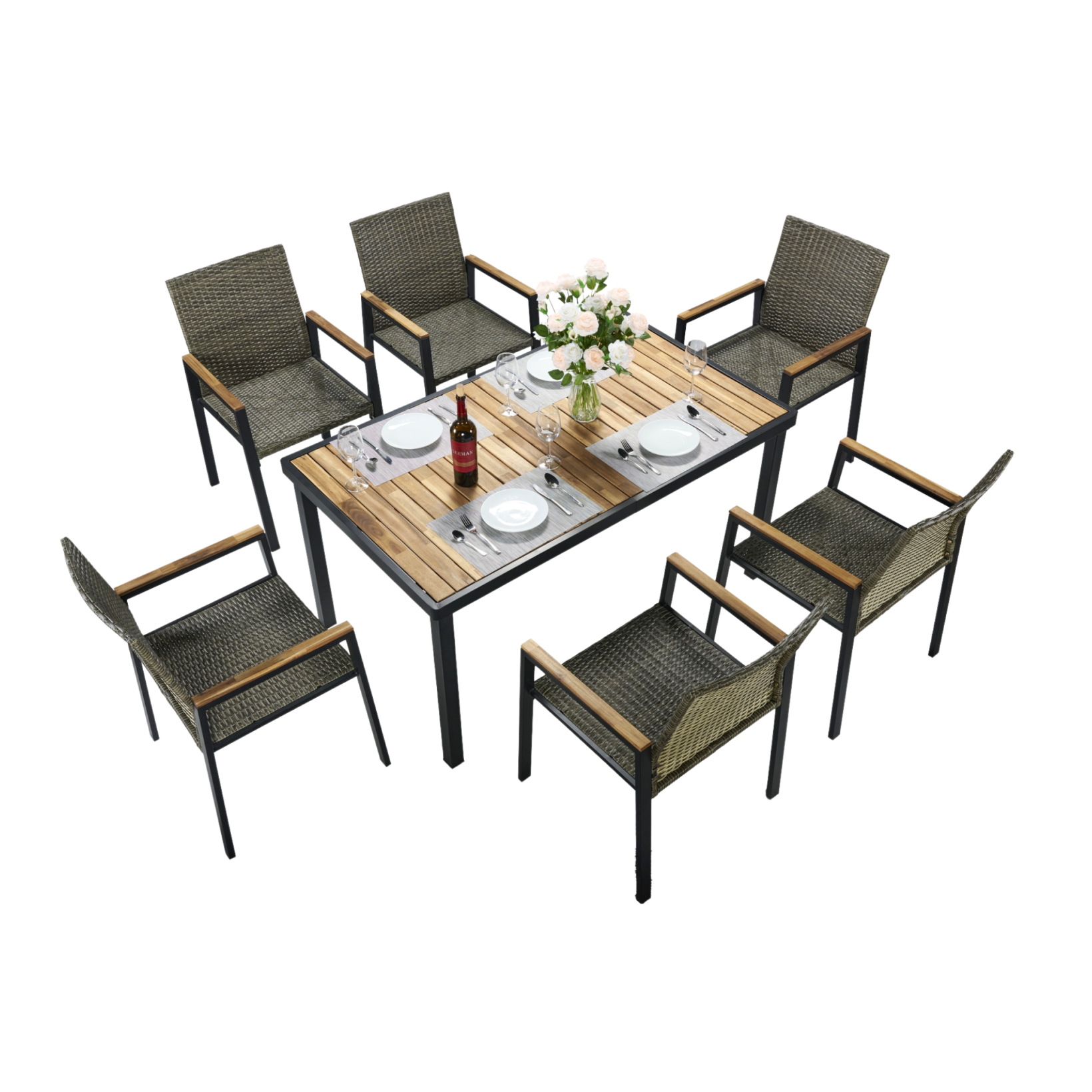 7 Piece Outdoor Dining Set with Umbrella Hole, 6 Stackable Chairs and ...