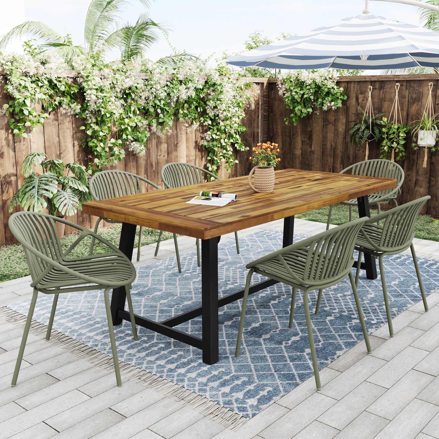7-Piece Outdoor Dining Set with Stackable Chairs, Acacia Wood Table and ...