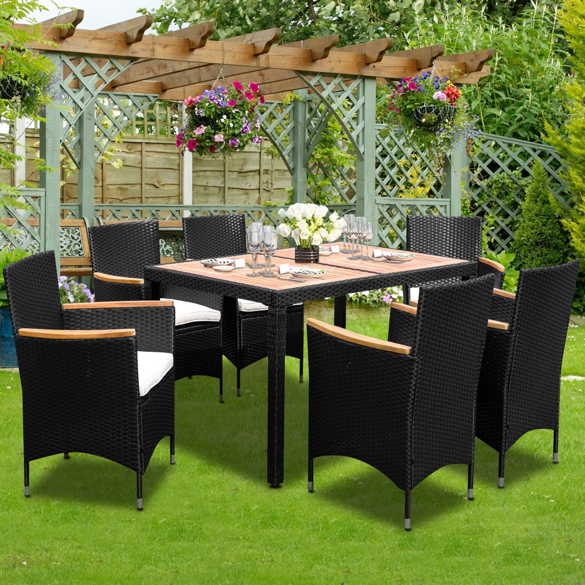 7 Piece Outdoor Dining Table Set, ENYOPRO Black Rattan Patio Furniture ...