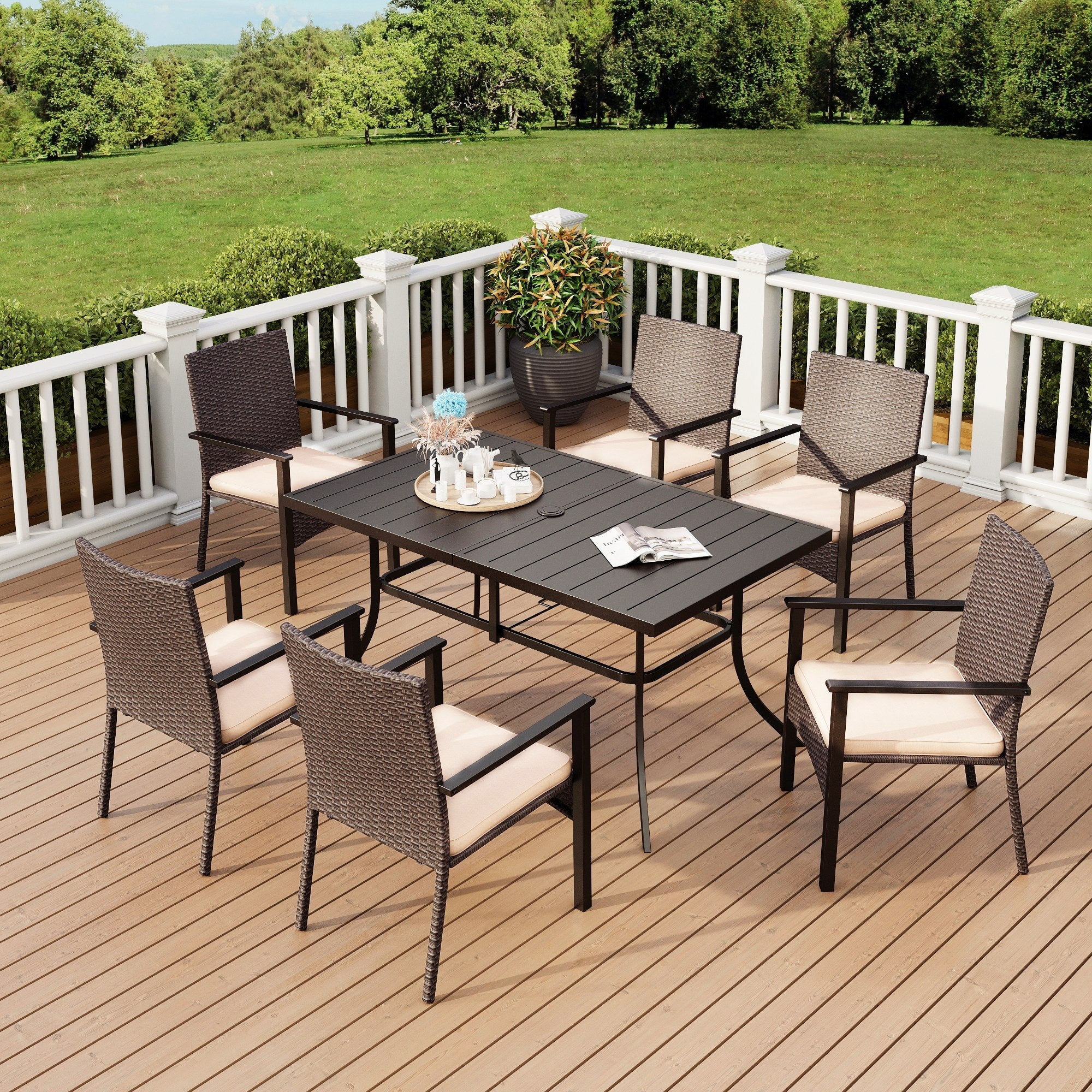 7-Piece Outdoor Patio Dining Set, 6 Wicker Cushioned Chairs and ...