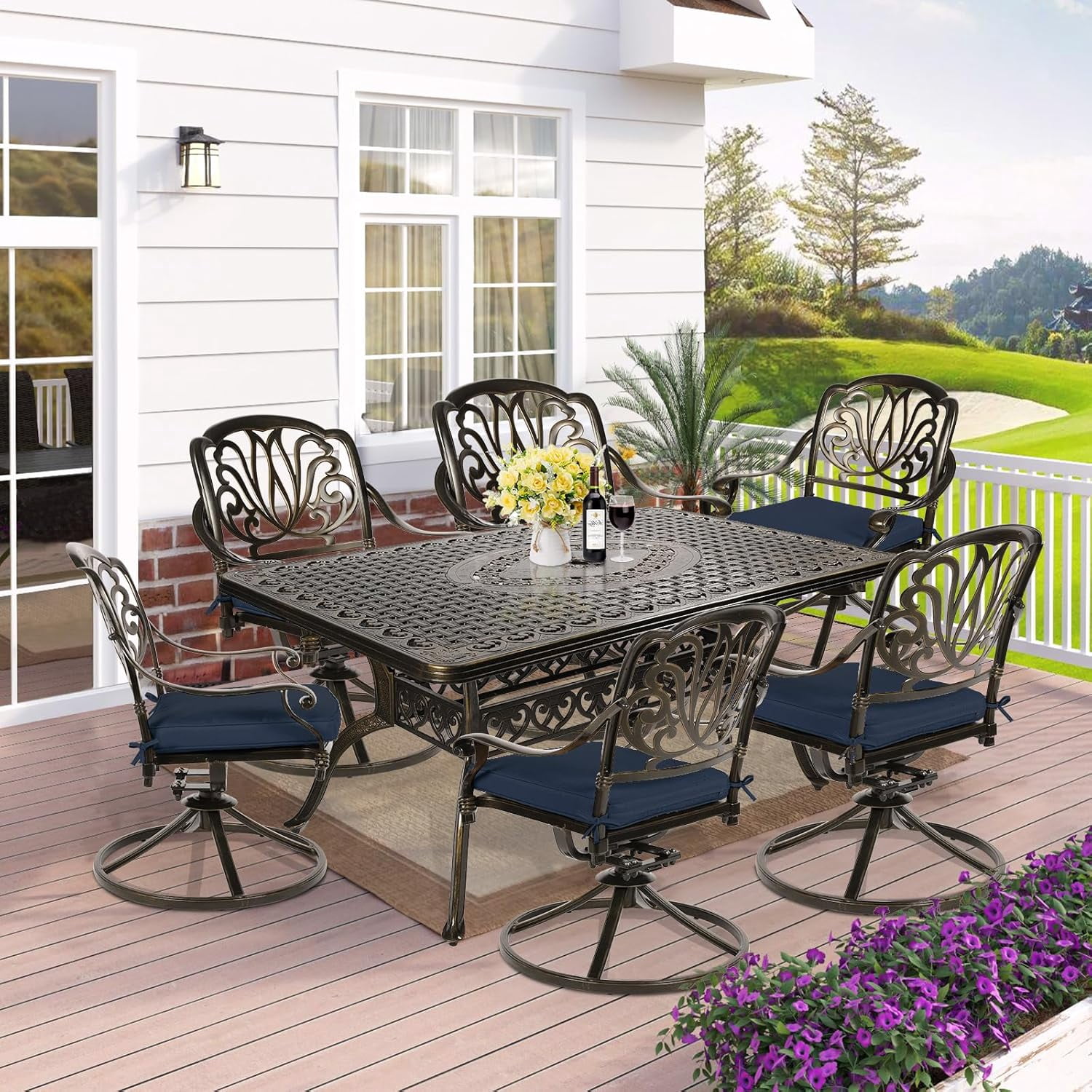 7-Piece Outdoor Patio Dining Set, 60" Rectangular Cast Aluminum Dining ...