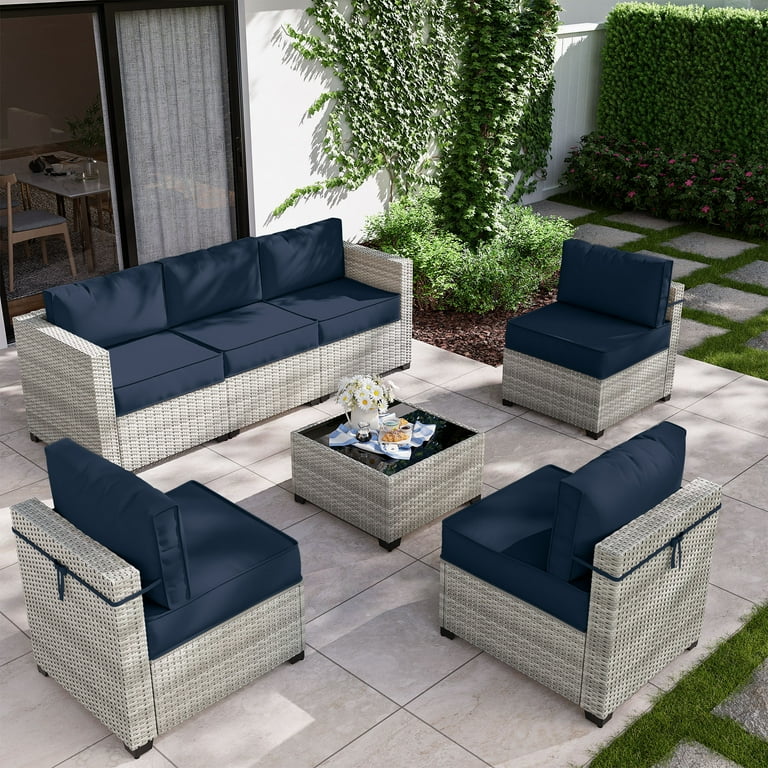 Kimunuk 7 Piece Modern Rattan Corner Patio Furniture Set with High Resiliency Cushions and Coffee Table Grey Navy Blue Walmart