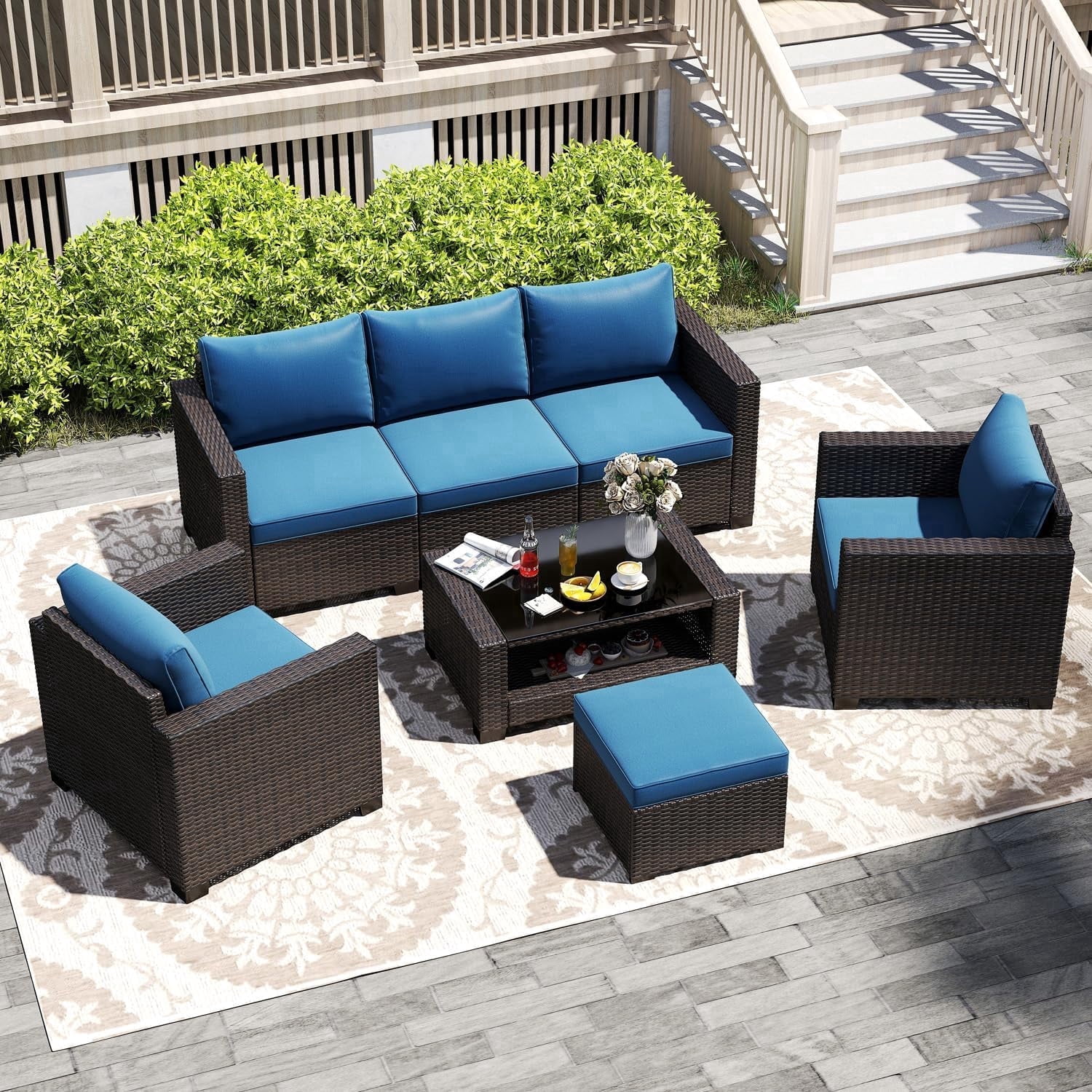 7-Piece Outdoor Patio Sectional Sofa Set – Wicker Conversation Set with ...