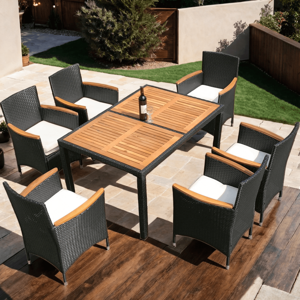 7-Piece Outdoor Wicker Rattan Dining Set, Acacia Wood Tabletop ...