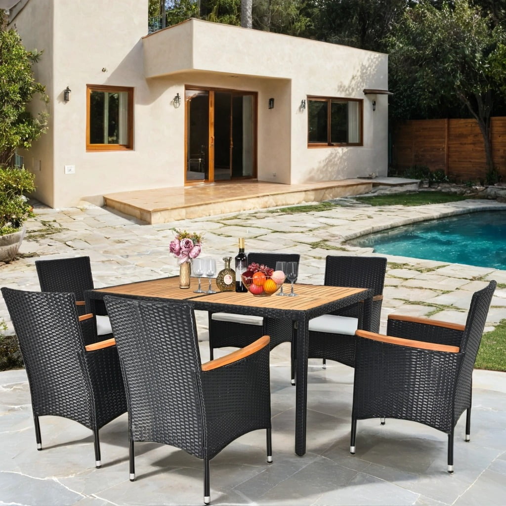 7 Piece Outdoor Wicker Sectional Dining Set with Six Table, Stackable ...