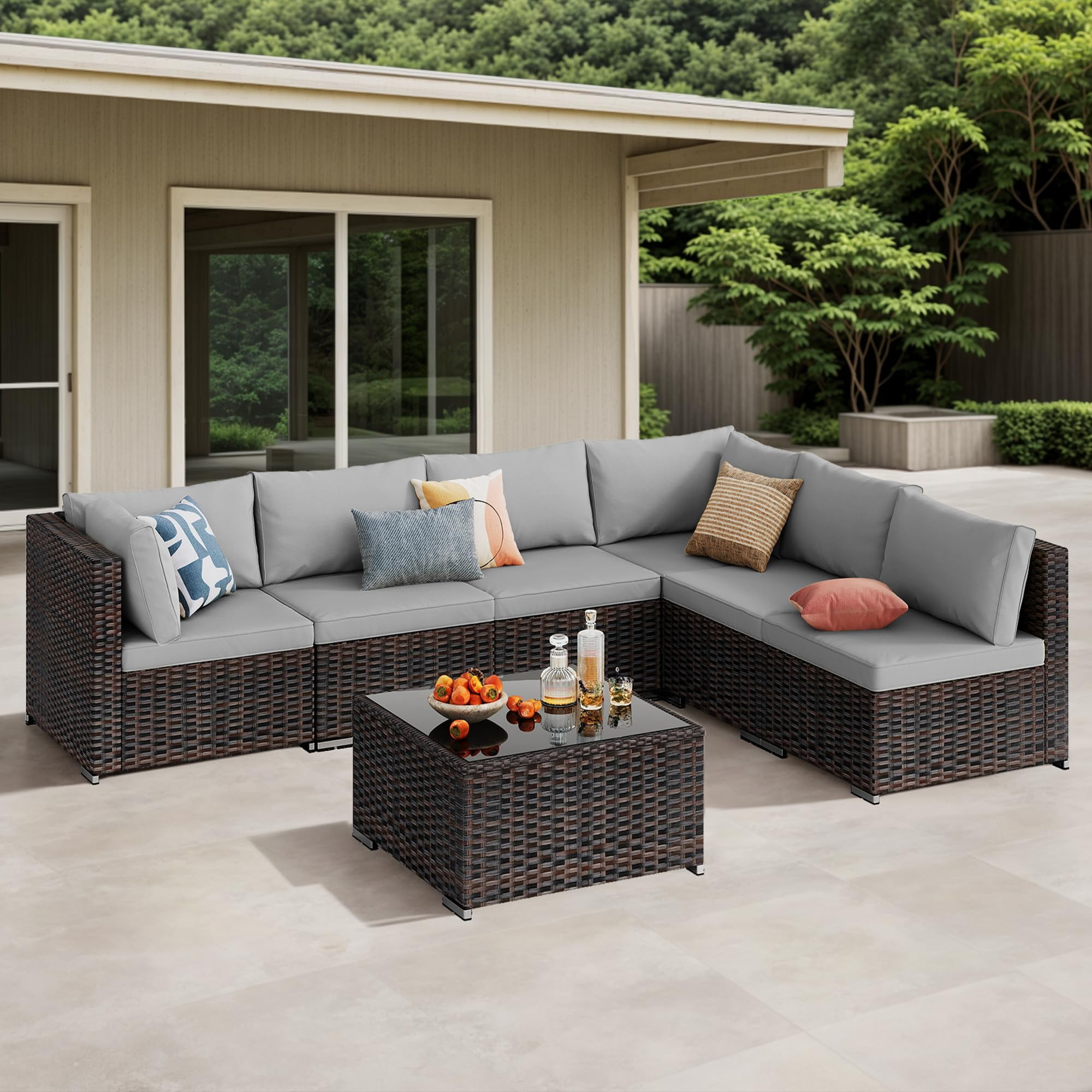 7-Piece Outdoor Wicker Sofa Set, 6-Seater Patio Furniture with Glass ...