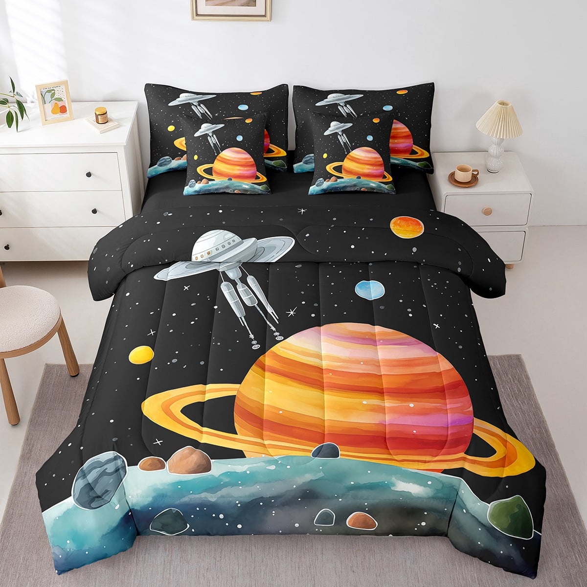 7 Piece Outer Space Queen Bedding Set,Universe Space Ship Rocket ...