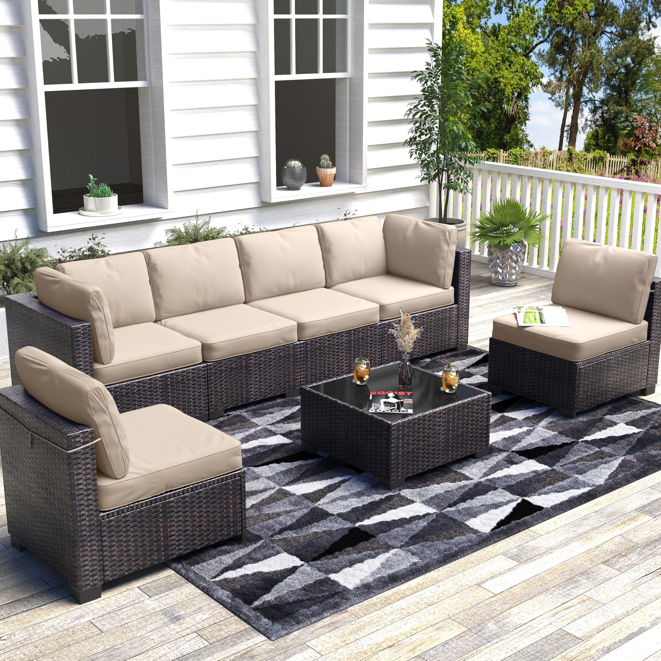 7 Piece PE Rattan Patio Conversation Set, All Weather Wicker Outdoor ...