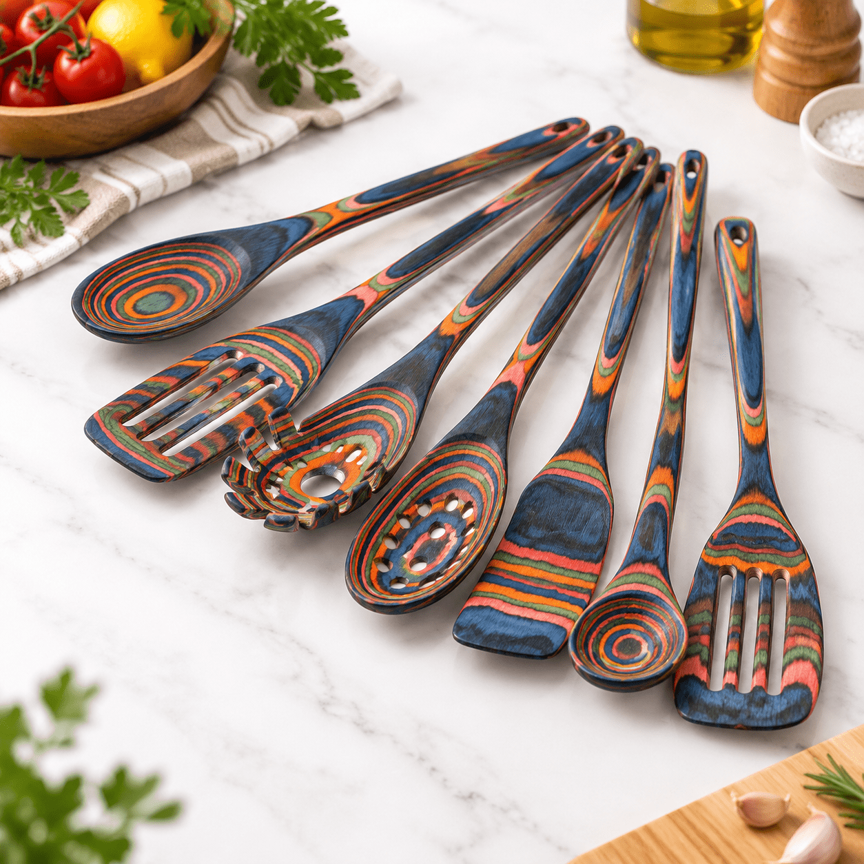 7-Piece Pakkawood Blue Wooden Kitchen Utensil Set Non-Stick Cooking ...
