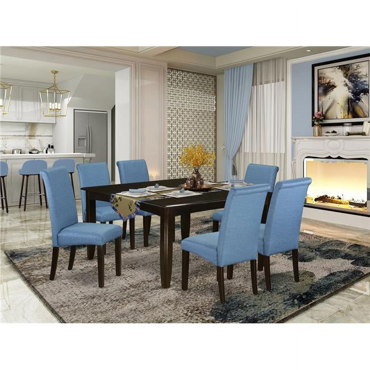7 Piece Parfait Square Kitchen Table with Linen Blue Fabric Dining ...