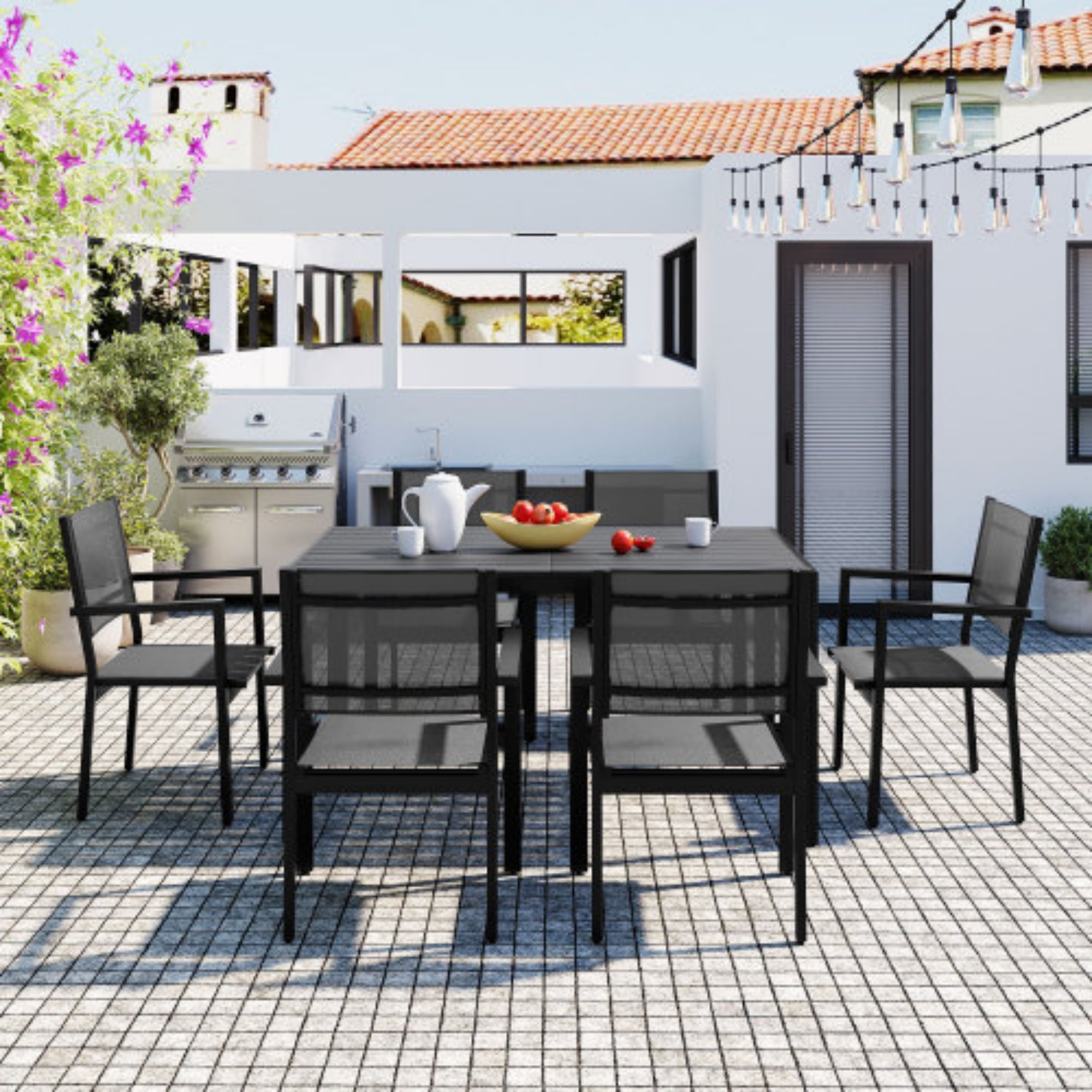 7-Piece Patio Dining Set, 6-Seater Steel Outdoor Dining Set with 58 ...