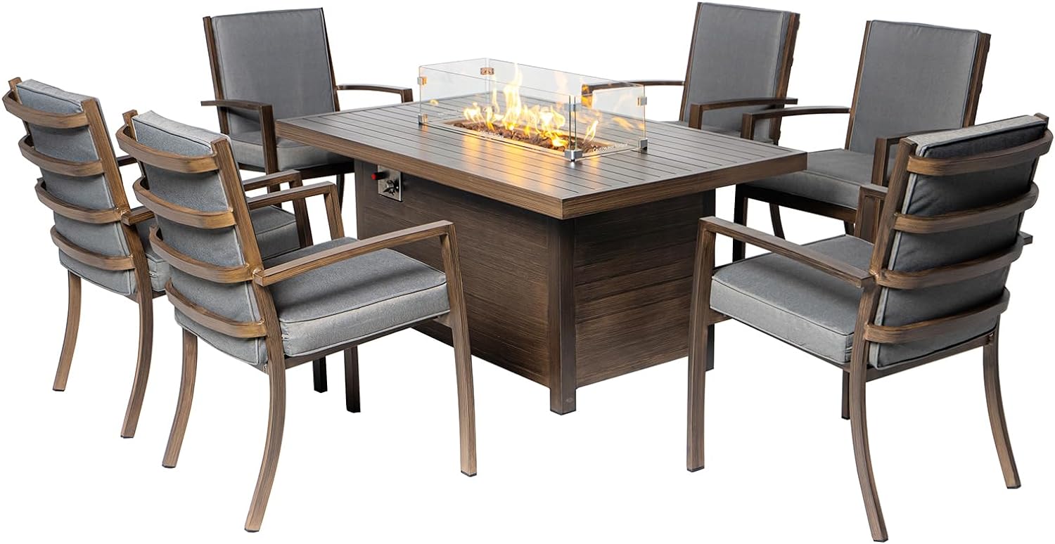 7 Piece Patio Dining Set with Fire Pit Table, Aluminum Outdoor Dining ...