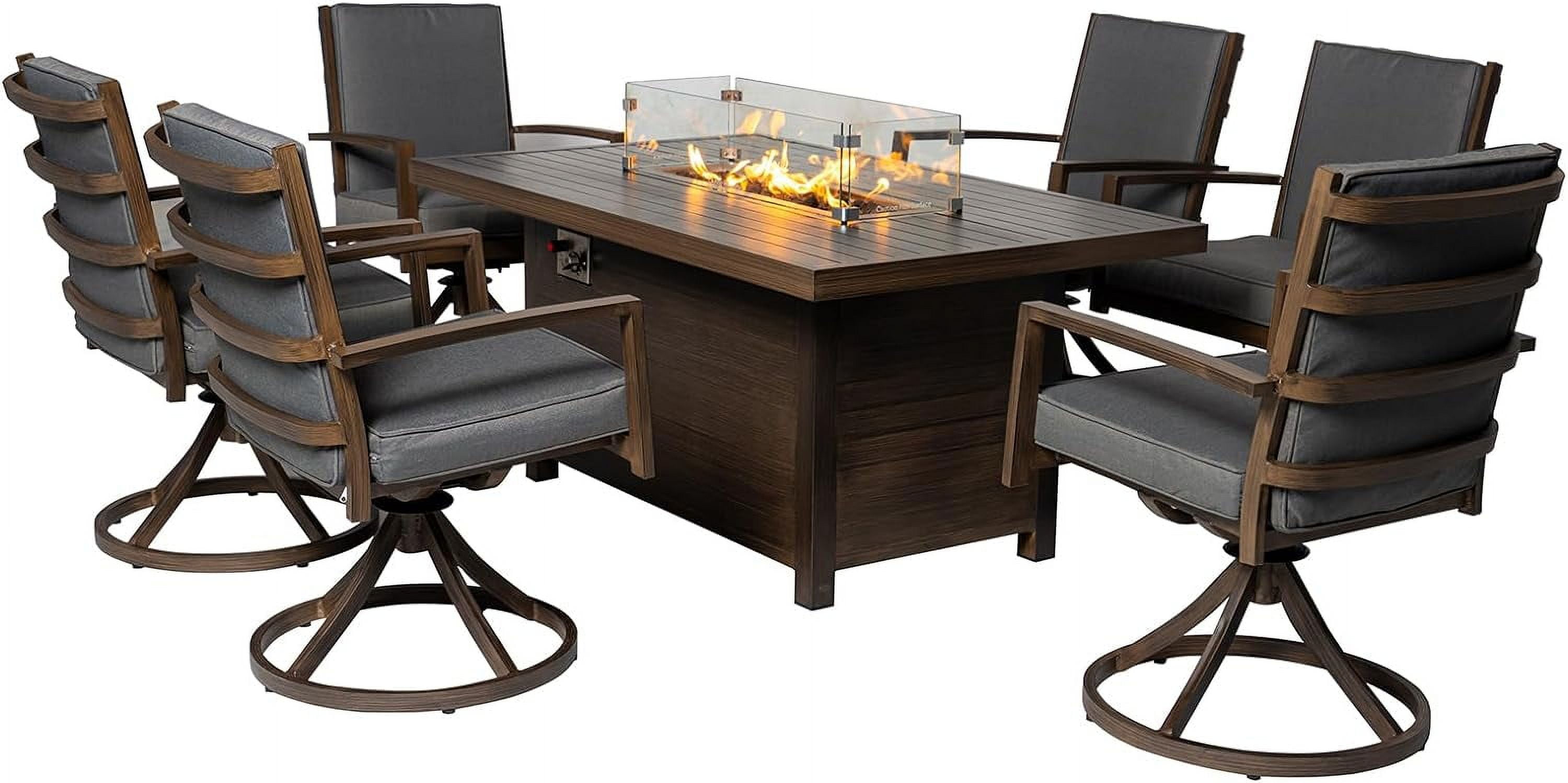 7 Piece Patio Dining Set with Fire Pit Table, Aluminum Outdoor Dining ...