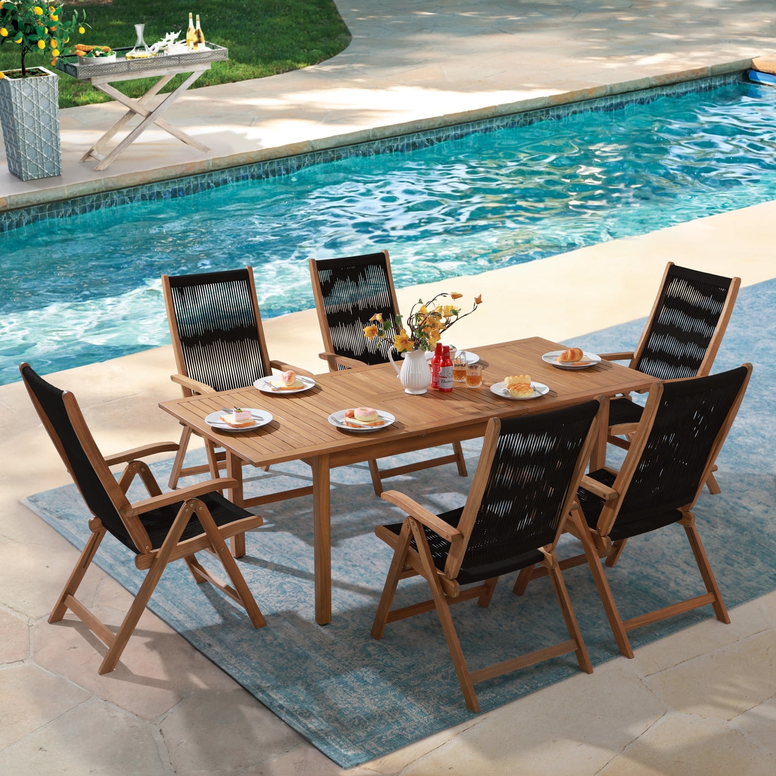7 Piece Patio Dining Set, Outdoor Acacia Wood Furniture Set, Extendable ...