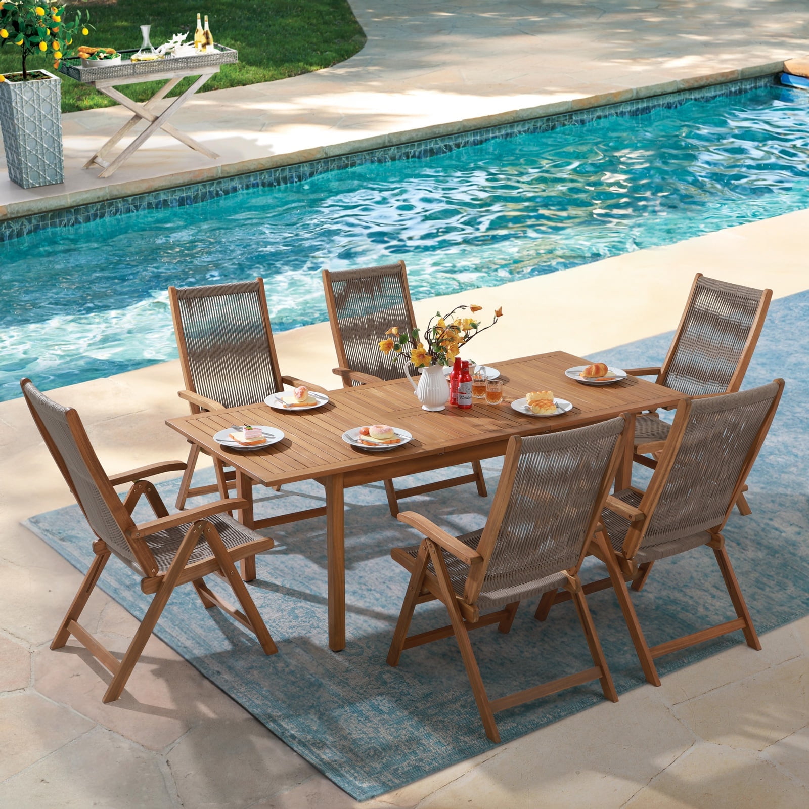 7 Piece Patio Dining Set, Outdoor Acacia Wood Furniture Set, Extendable ...