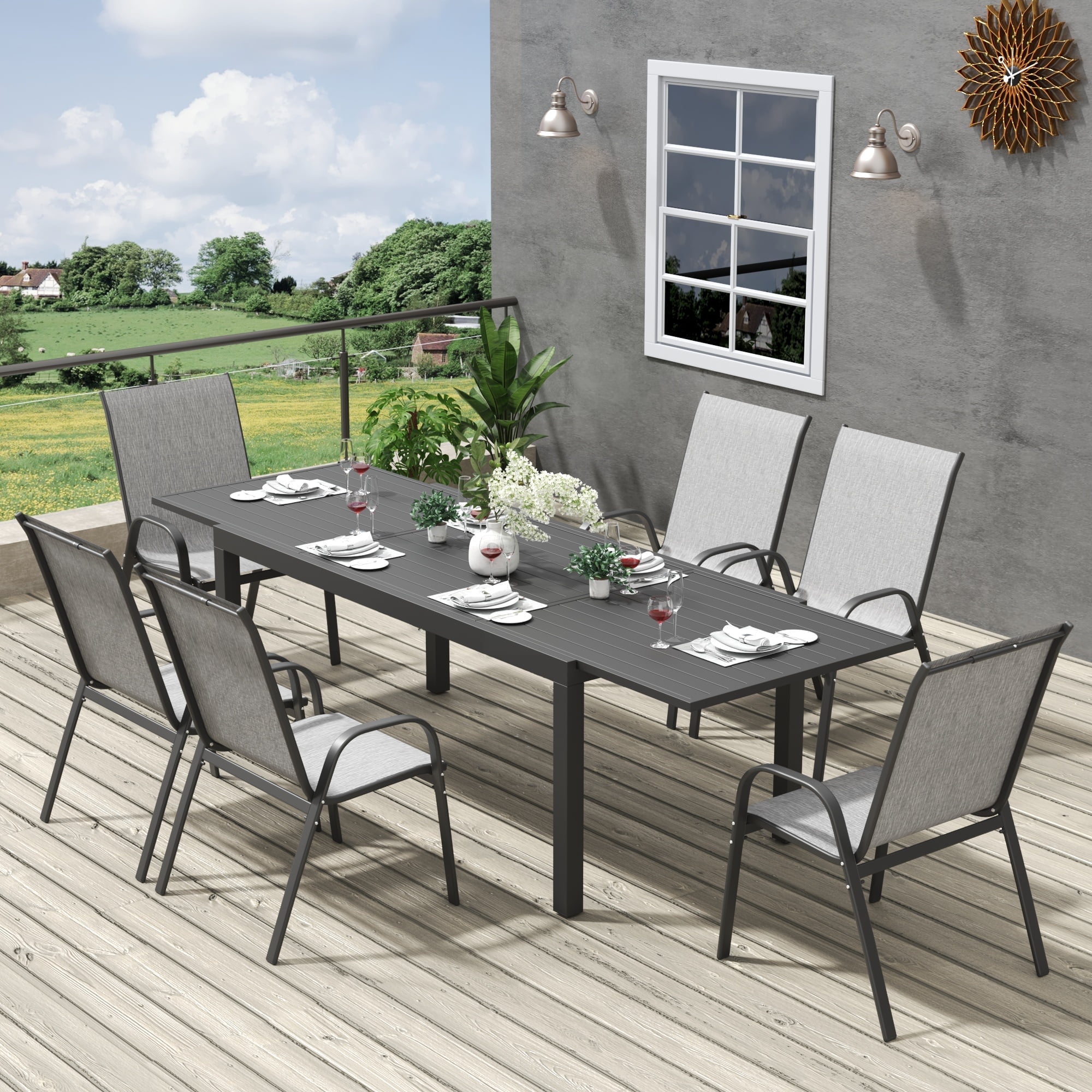 7 Piece Patio Dining Set Seating for 6, Outdoor Dining Table 106"+ 6 ...