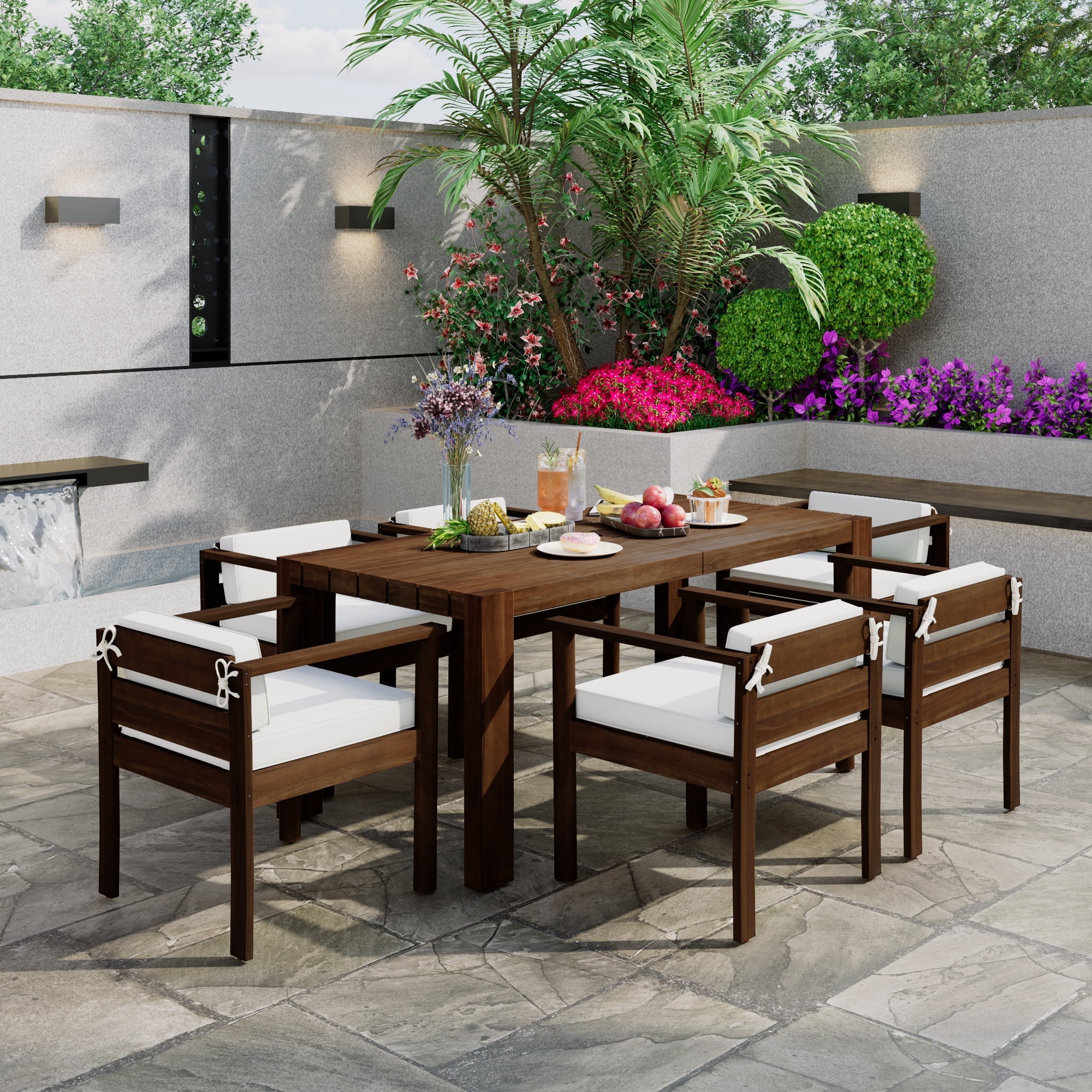 TREXM 7-Piece Acacia Wood Patio Furniture Sets with Patio Dining Table and Removable Cushions ...