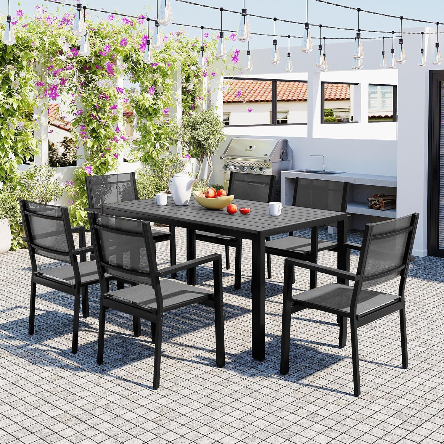 7-Piece Patio Dining Table Set Steel Outdoor Table and 6 Chairs Set ...