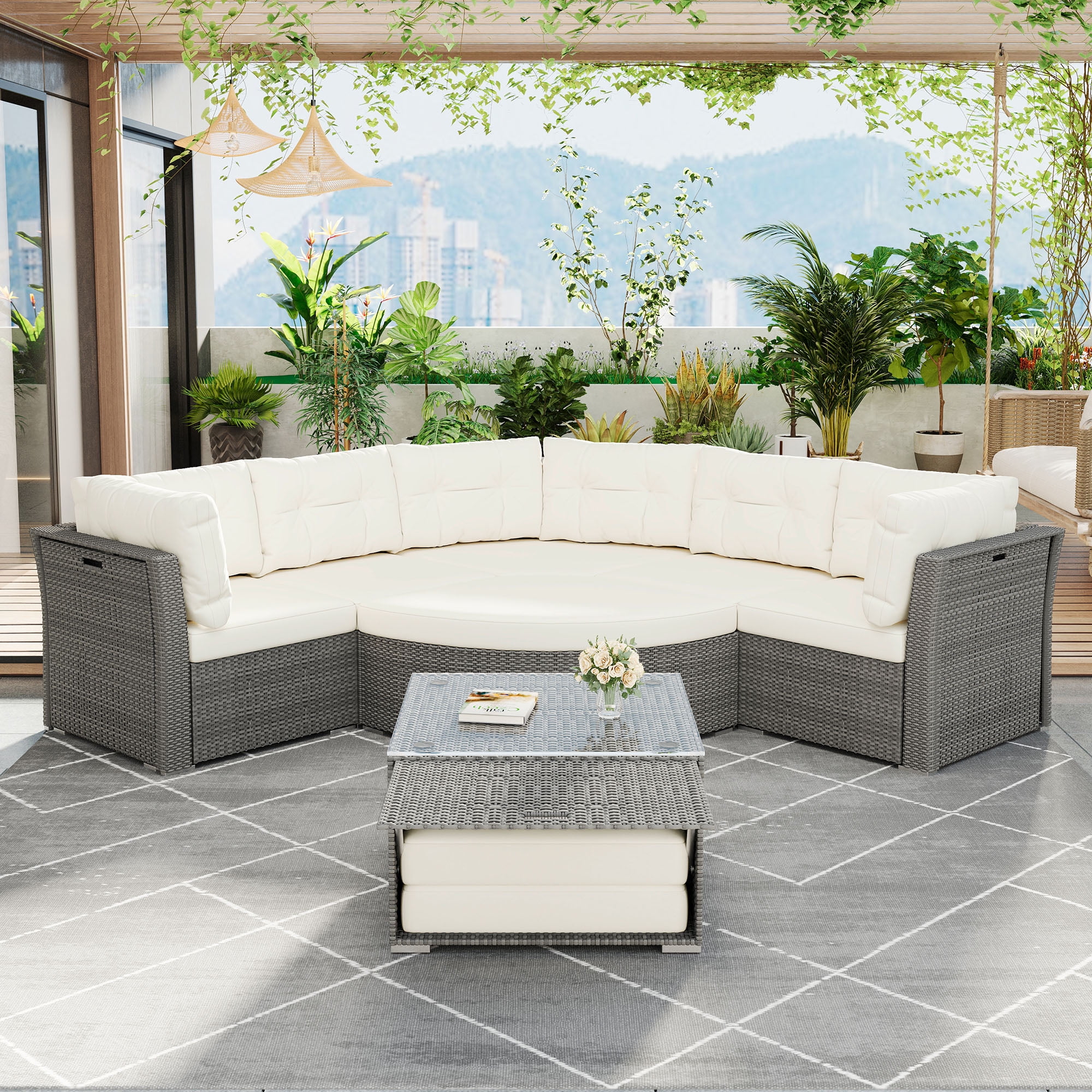 7-Piece Patio Furniture Conversation Set with Rattan Daybed, Cushions ...