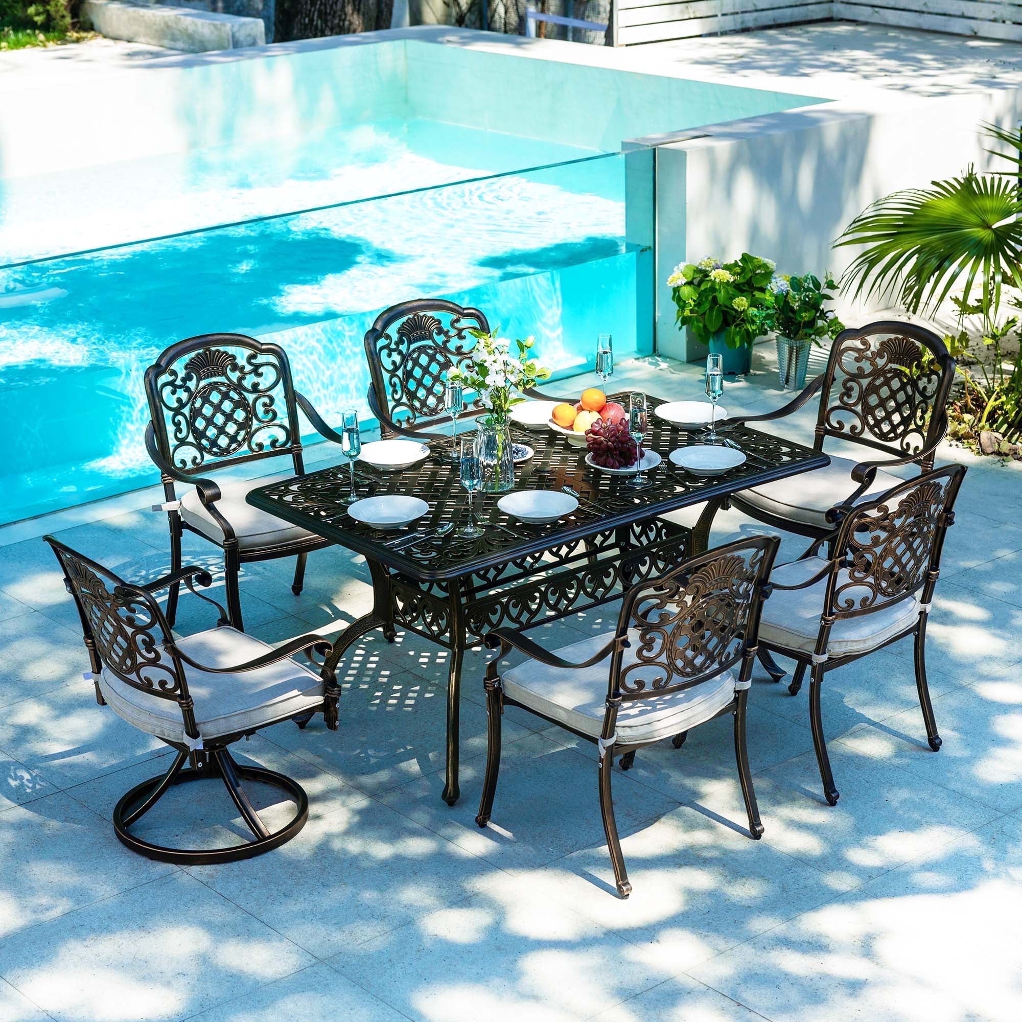 SKOK 7-Piece Patio Dining Set with Cast Aluminum Table & Chairs for 6 ...
