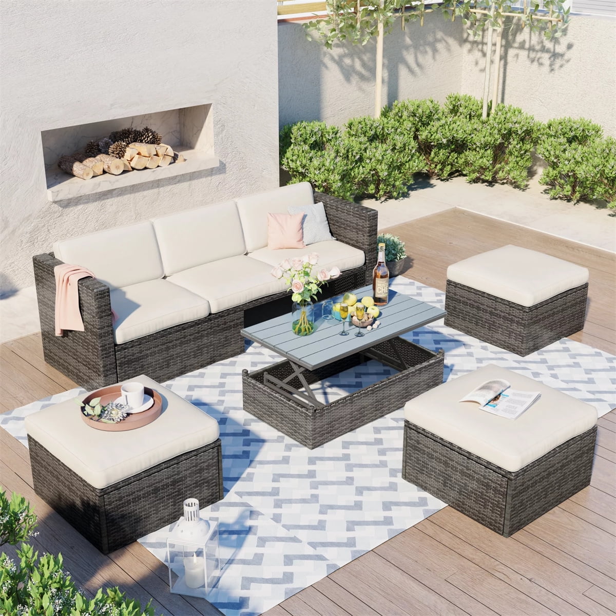 Modern 5-Piece All-Weather Patio Set with Ottomans, Rattan Wicker Sofa ...