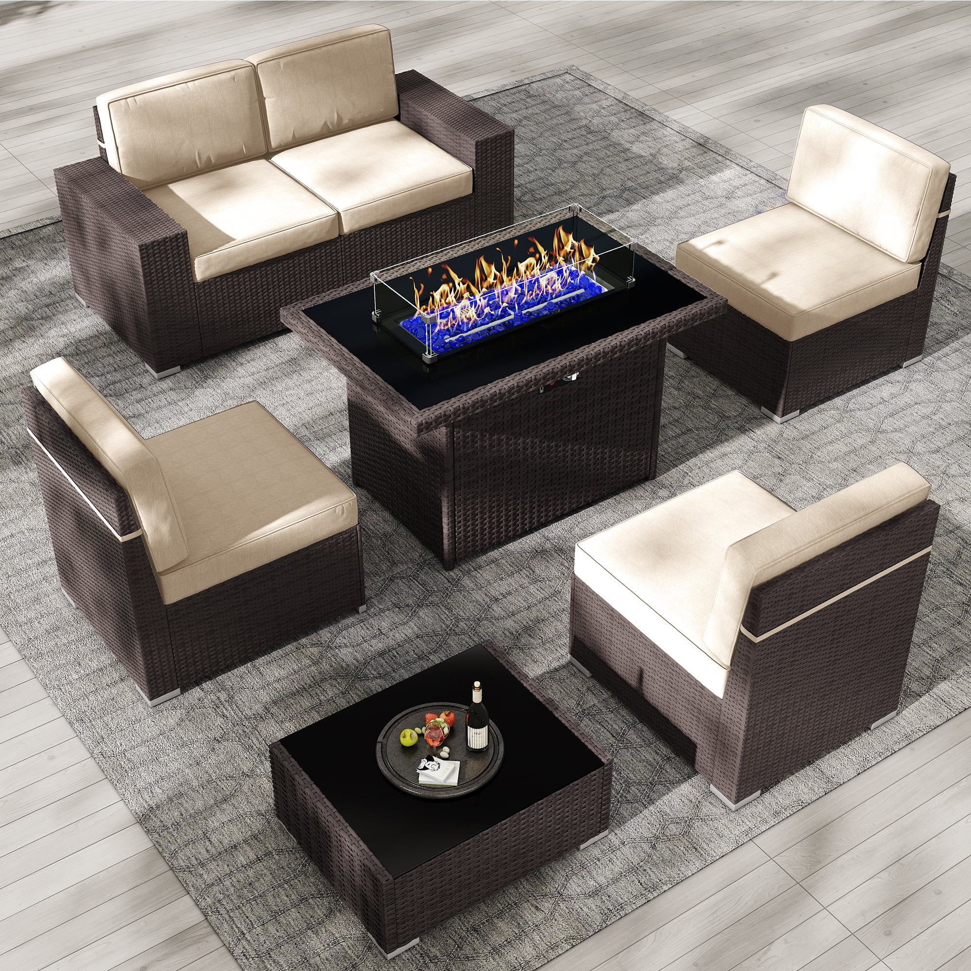 7 Piece Patio Furniture Set with 44" Propane Gas Fire Pit Table ...