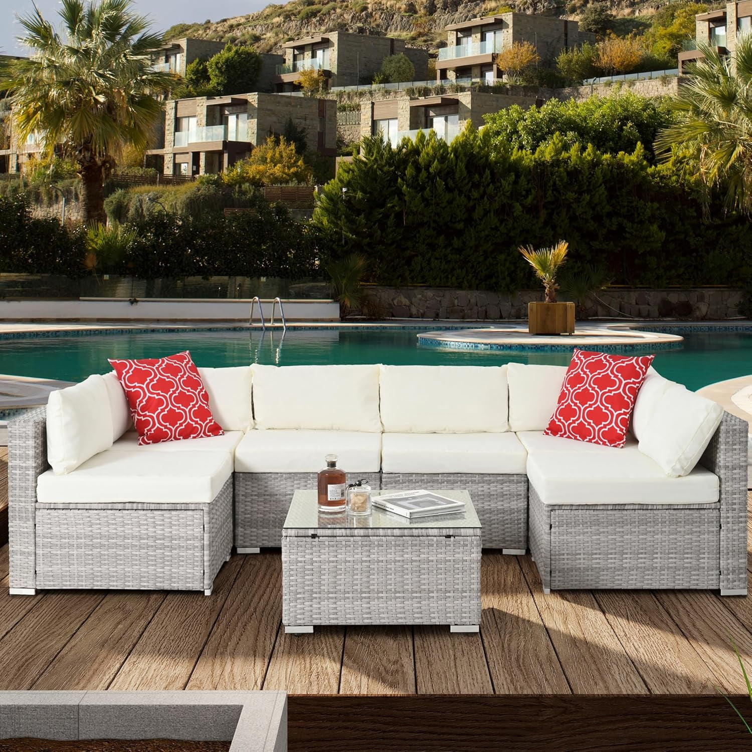 7-Piece Beige Outdoor Patio Set, PE Rattan, Cushions, Glass Coffee ...
