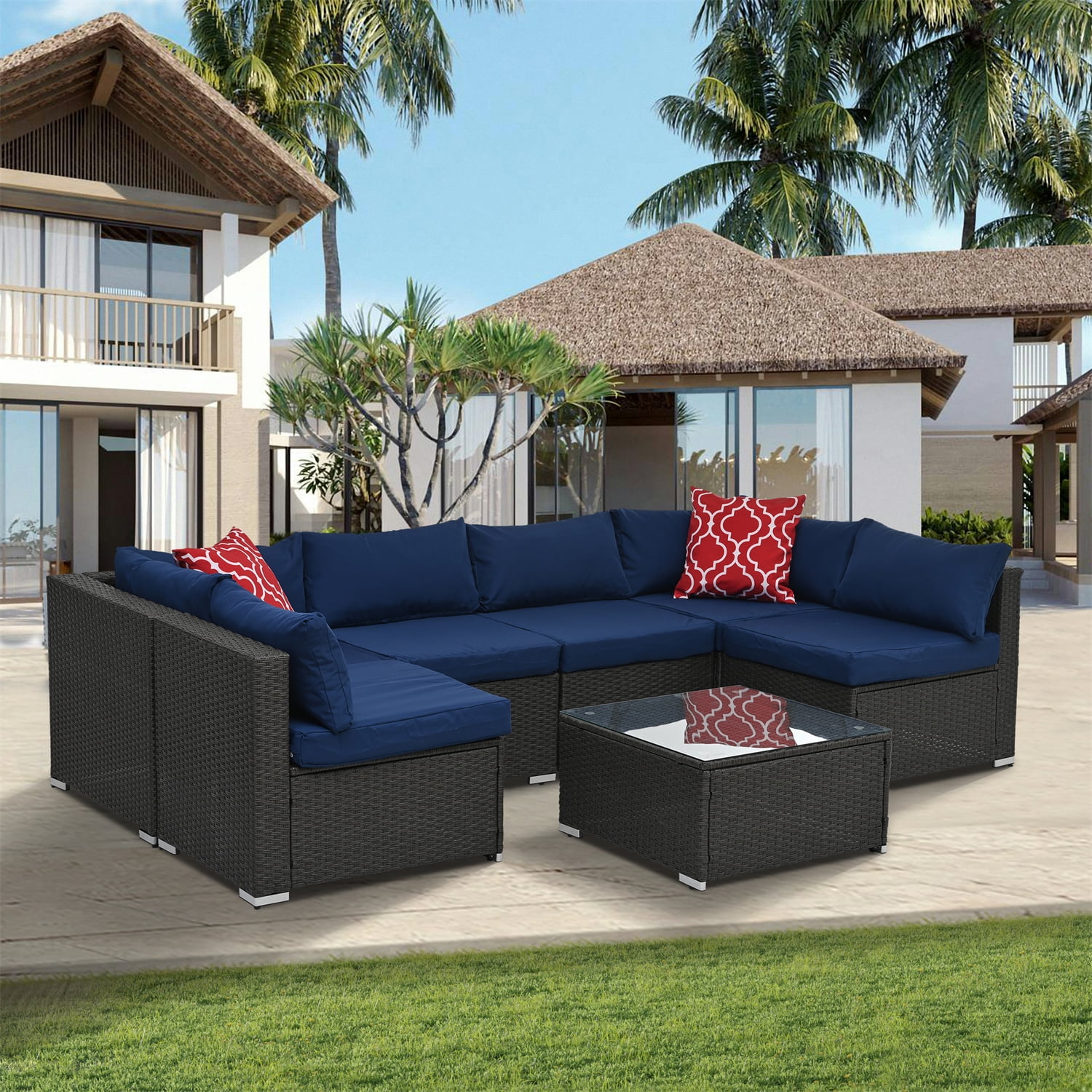 7-Piece Outdoor PE Rattan Sectional Patio Set with Cushions & Glass ...
