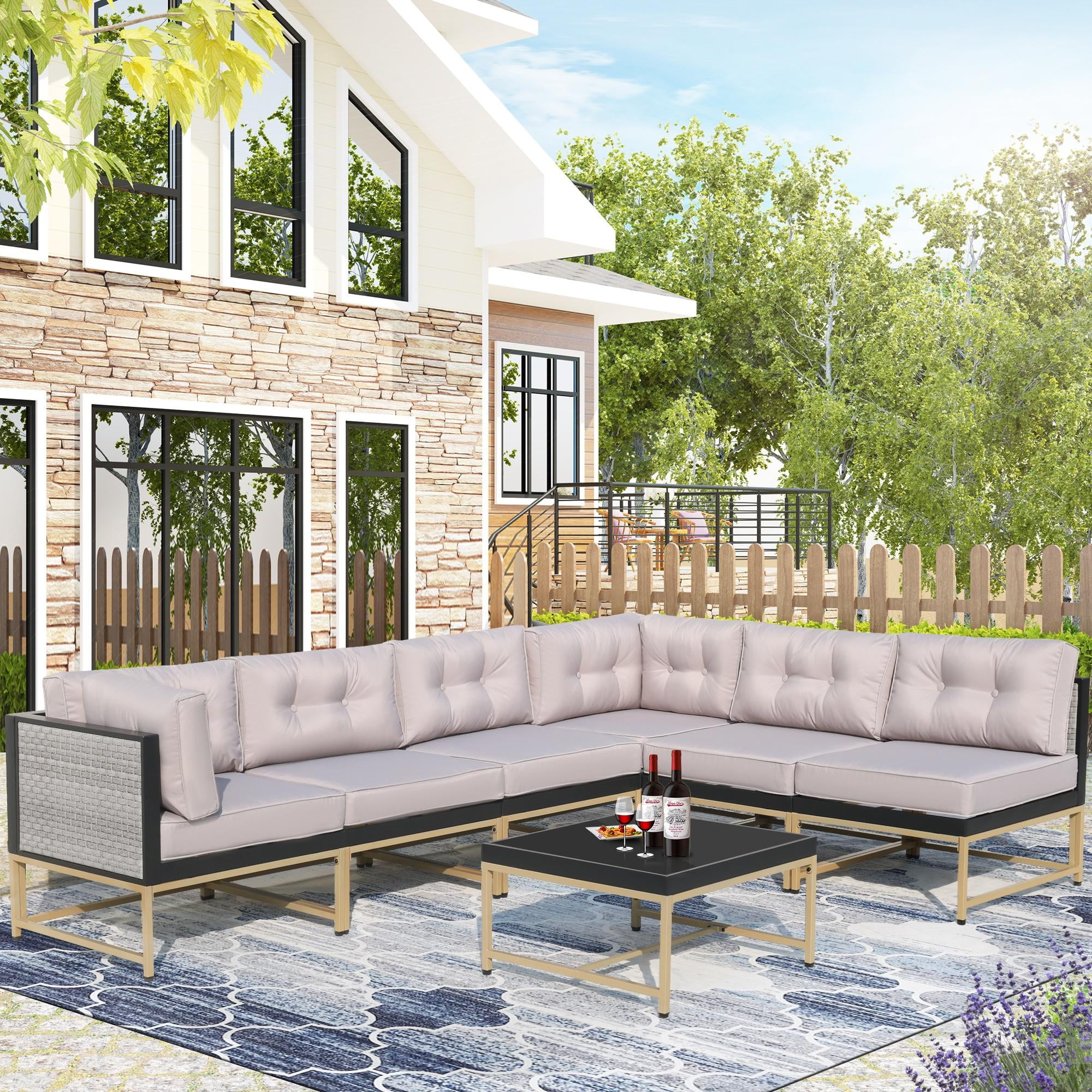 7 Piece Patio Sofa Set, Outdoor Conversation Sofa Set with Corner Sofas ...