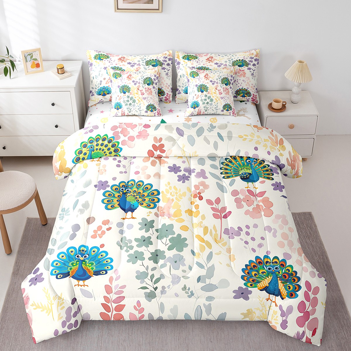 7 Piece Peacock Comforter Set King Size,Colorful Peacock Floral Bedding ...