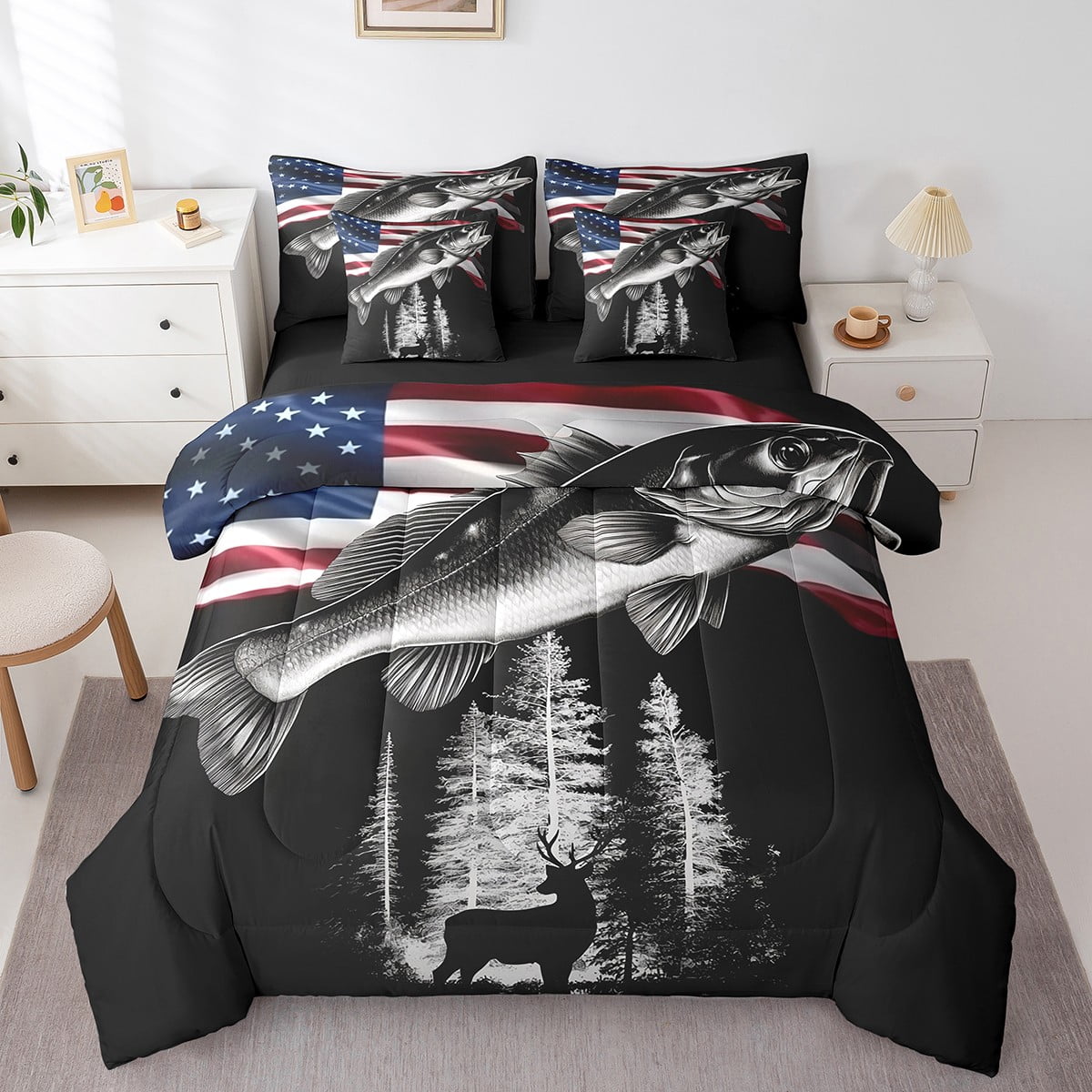 7 Piece Pike Fish Bedding Sets Queen Size American Flag Deer Bed in a ...
