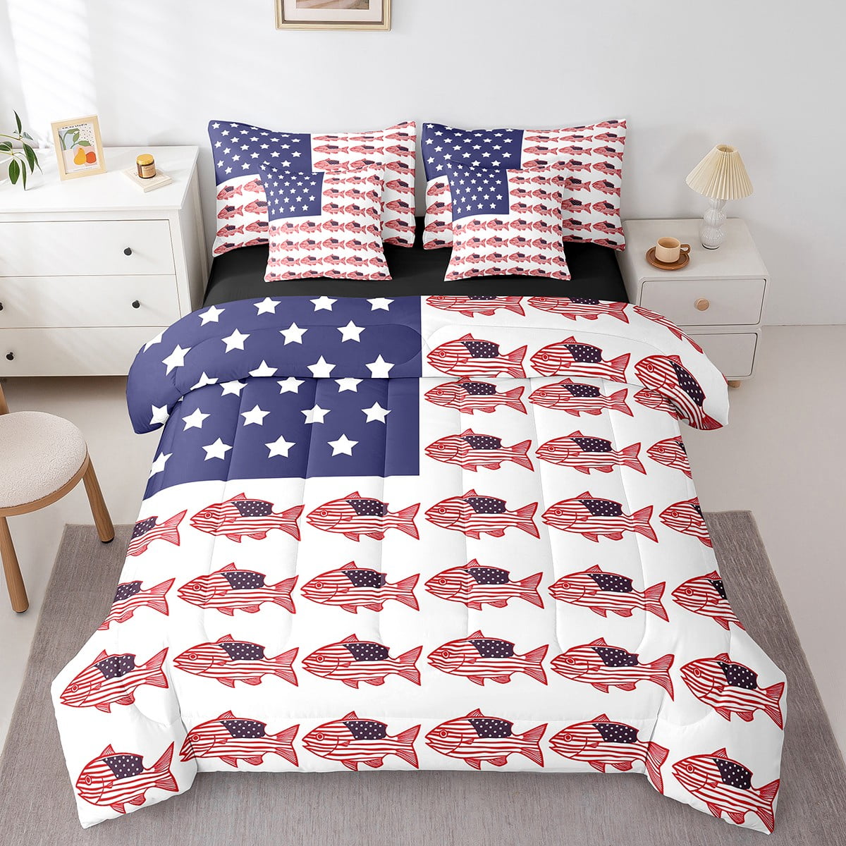 7 Piece Pike Fish Full Bed in a Bag American Flag Bedding Sets for Boys ...