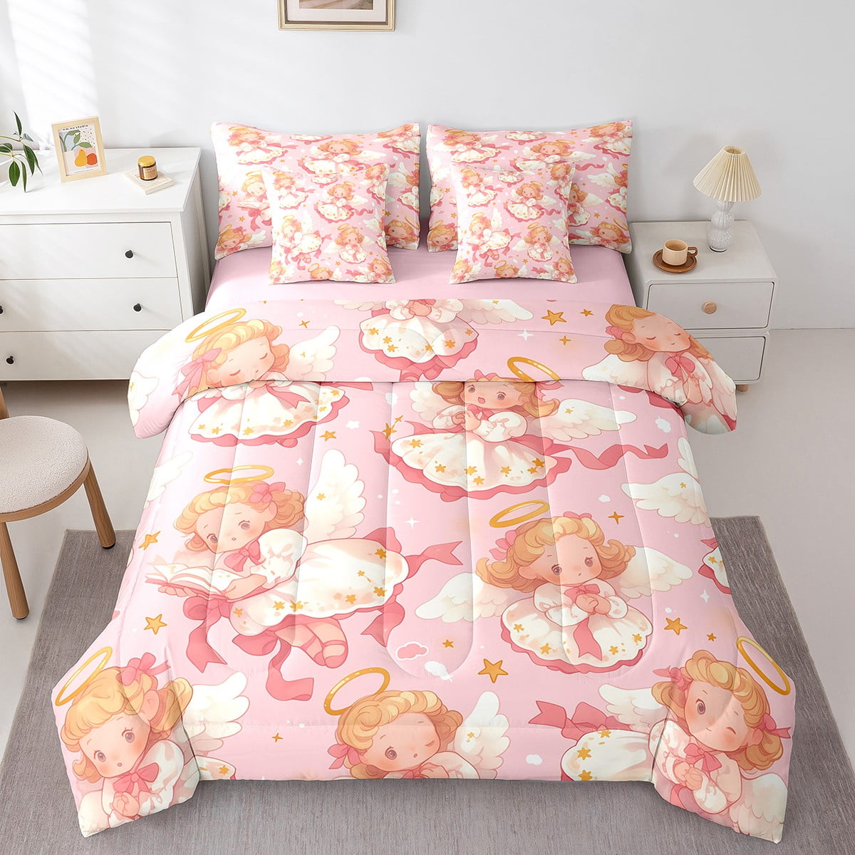 7 Piece Pink Angel Bedding Sets Queen Size Angel Halo Wings Bed in a ...