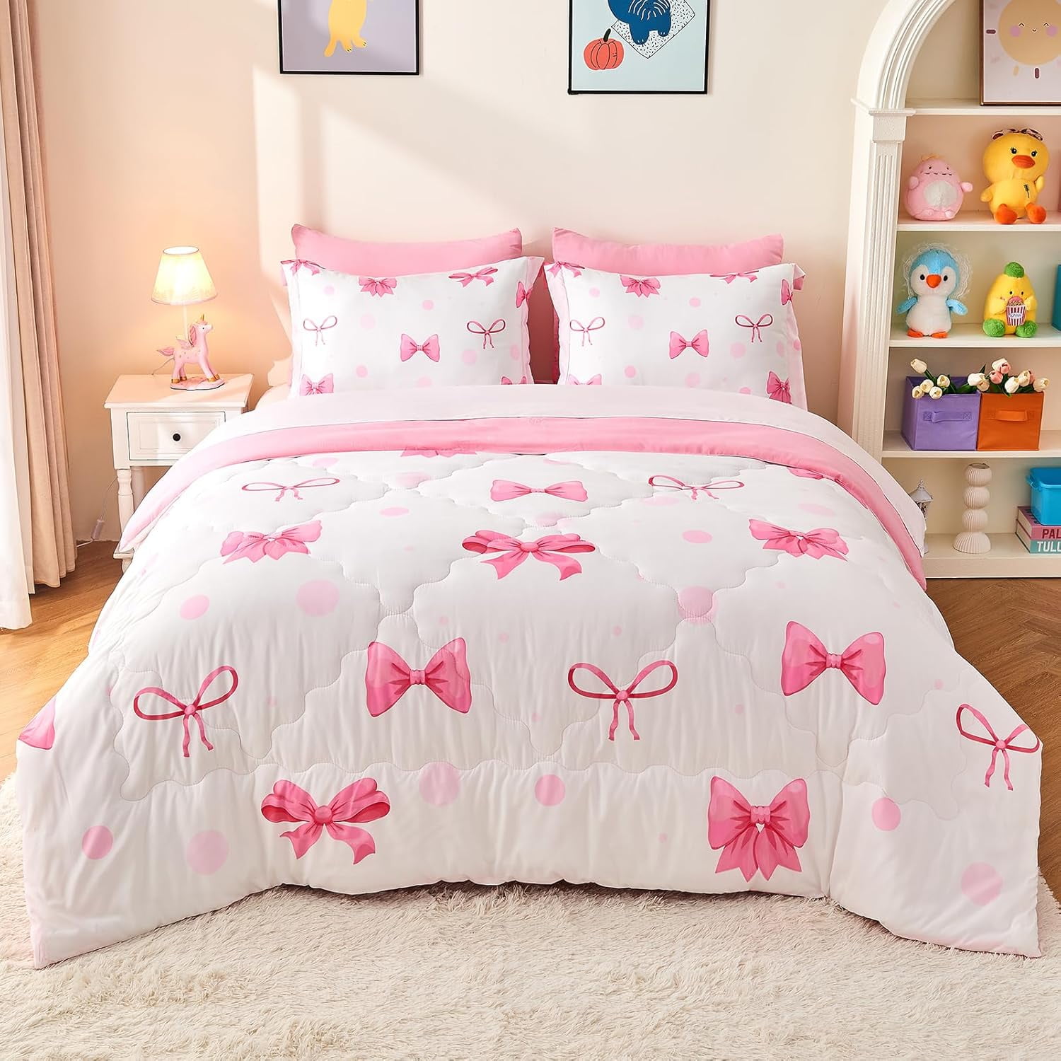 7 Piece Pink Bow Bedding Set for Girls Kids Twin Size Comforter Set ...