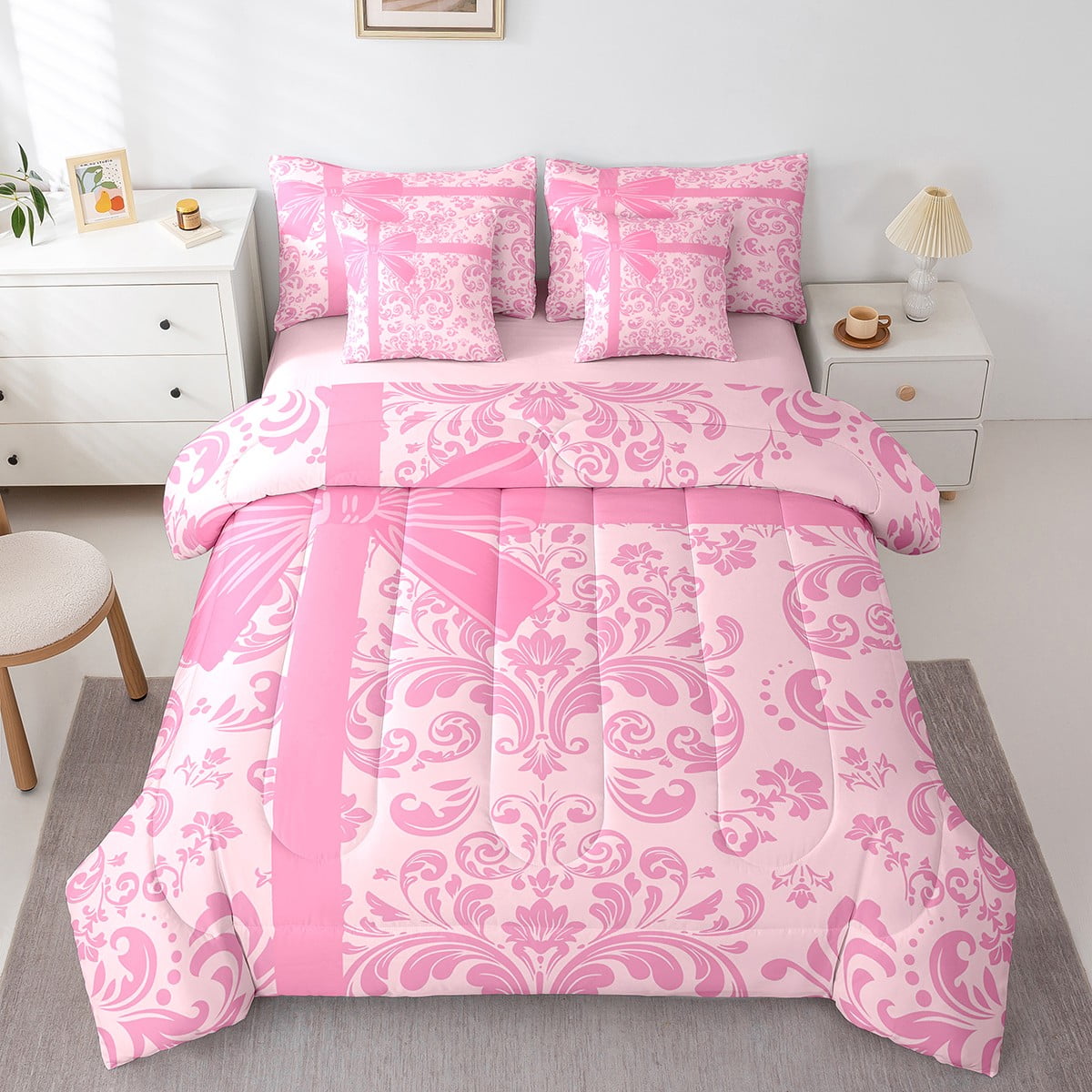 7 Piece Pink Damask Bedding Set Twin,Girly Bowknot Comforter Set Women ...