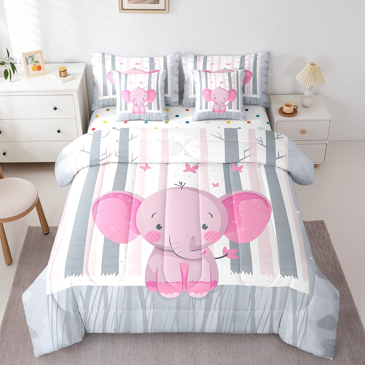 7 Piece Pink Elephant Twin Bed in a Bag Cute Cartoon Animal Bedding ...
